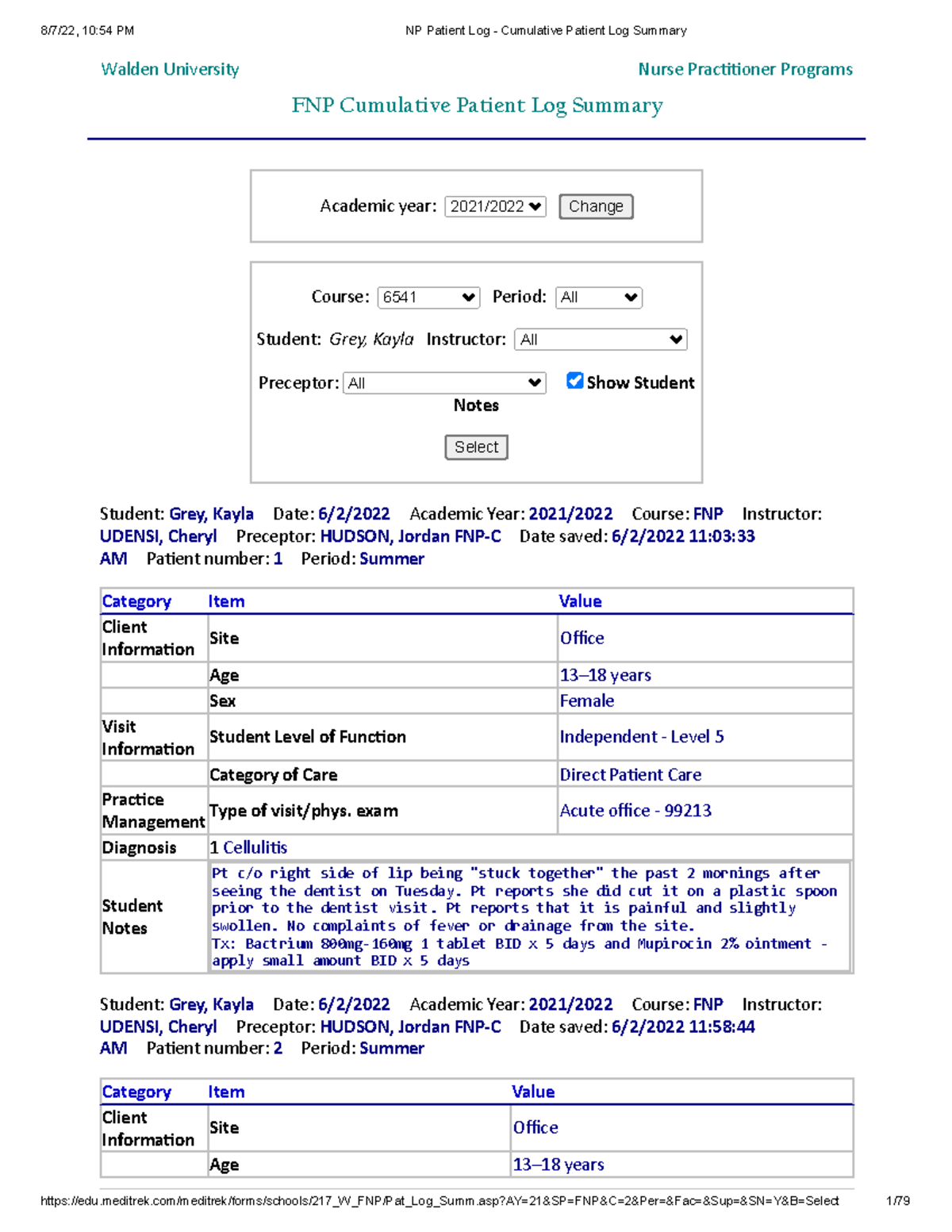 NP Patient Log Cumulative Patient Log Summary 6541 - Walden University Nurse Praconer Programs ...