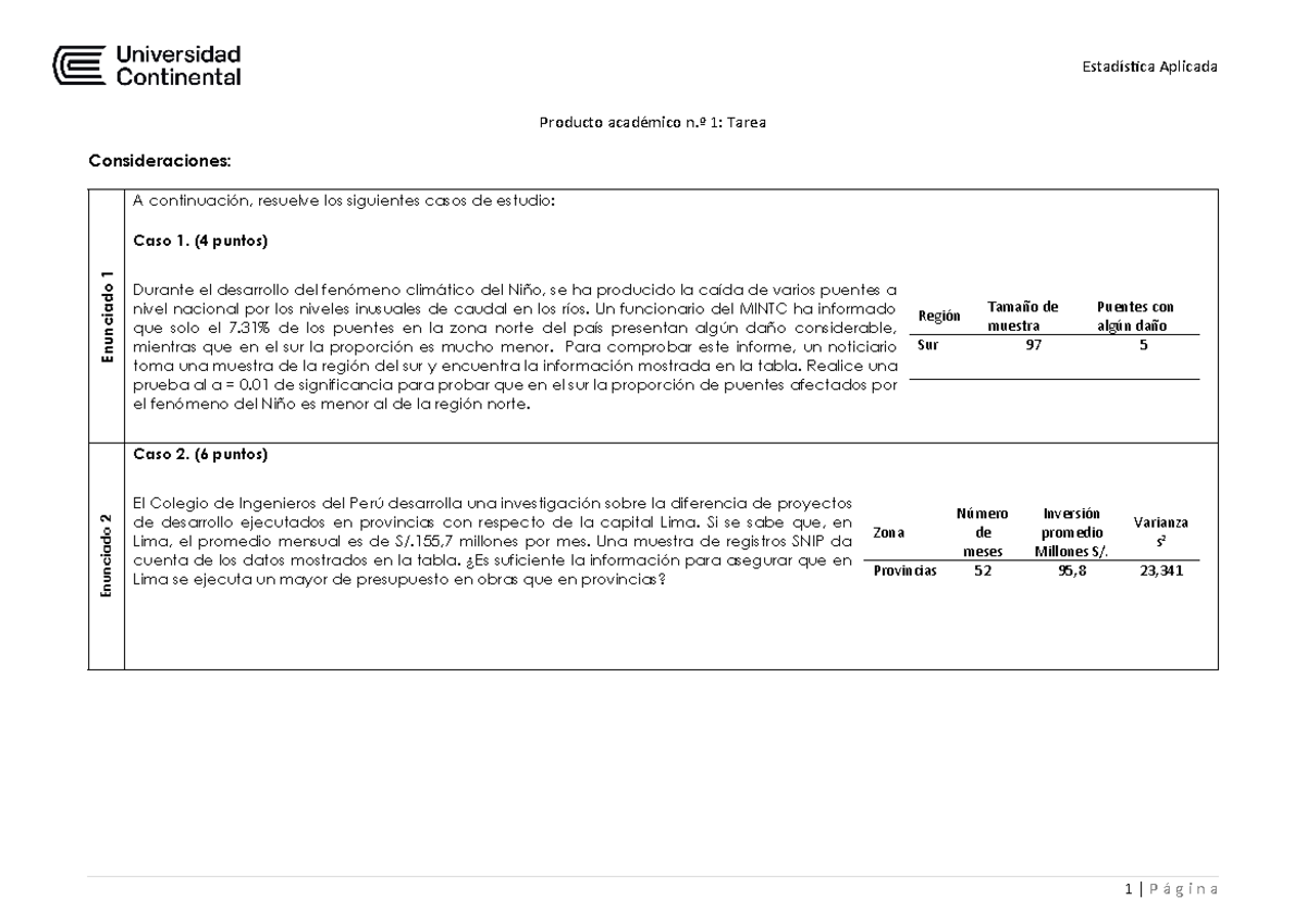 Producto académico 1.vf - Producto académico n.º 1: Tarea Consideraciones: Enunciado 1 A - Studocu