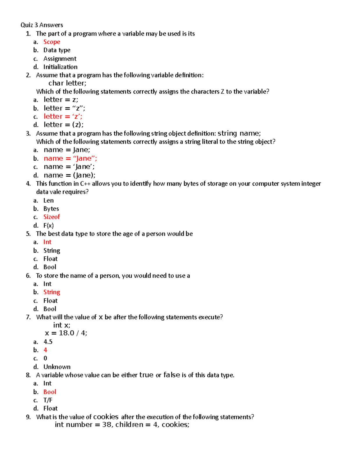 Quiz 3 Answers - Intro to C++ Part 2 - Quiz 3 Answers 1. The part of a ...