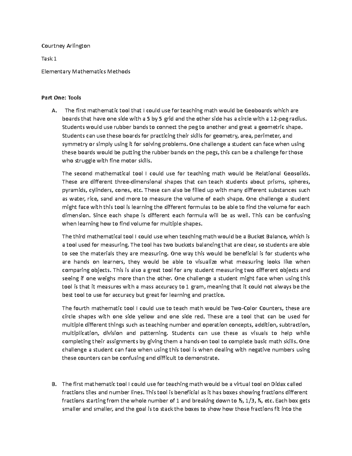 Document- Task 1-C109 - Courtney Arlington Task 1 Elementary Mathematics Methods Part One: Tools ...