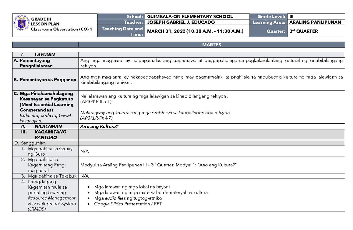 CO-1 MDL LP Araling-Panlipunan-3-2021-2022 - GRADE III LESSON PLAN ...