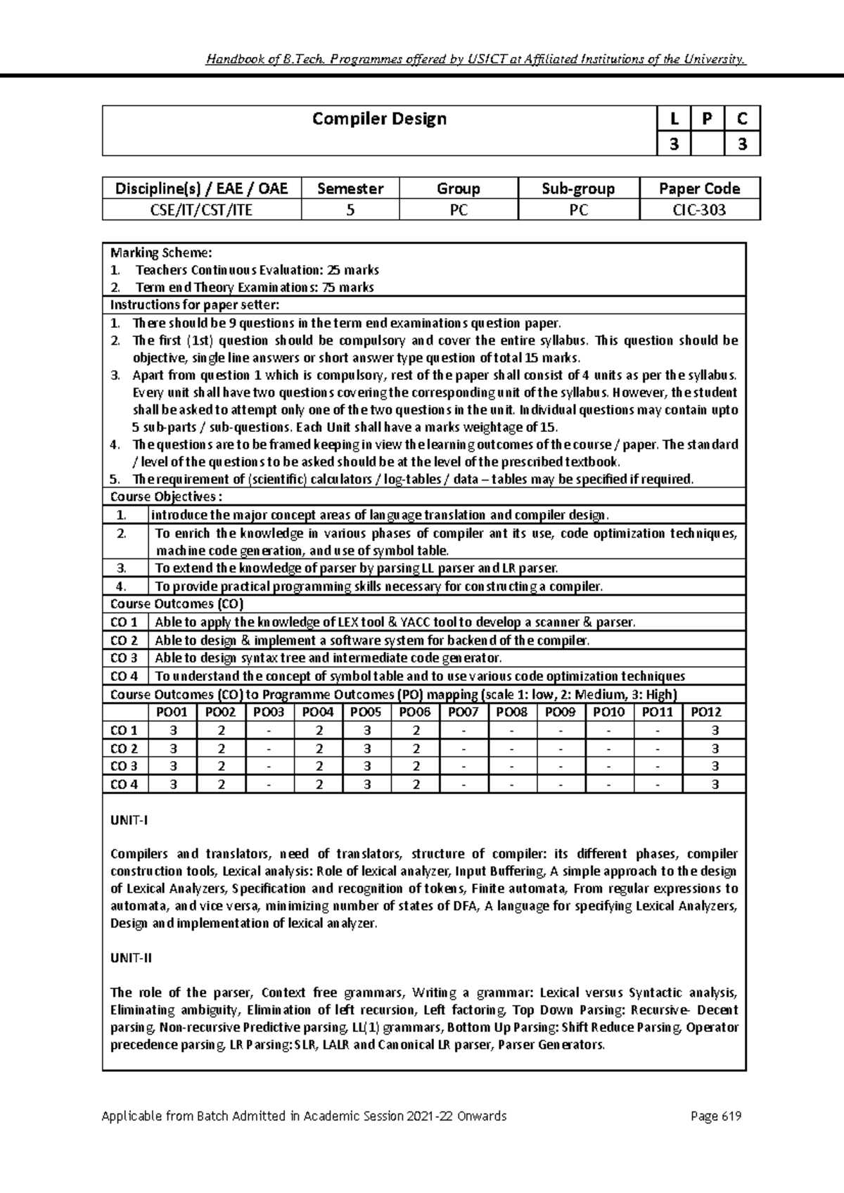 5th sem syllabus - Compiler Design L P C 3 3 Discipline(s) / EAE / OAE Semester Group Sub-group ...
