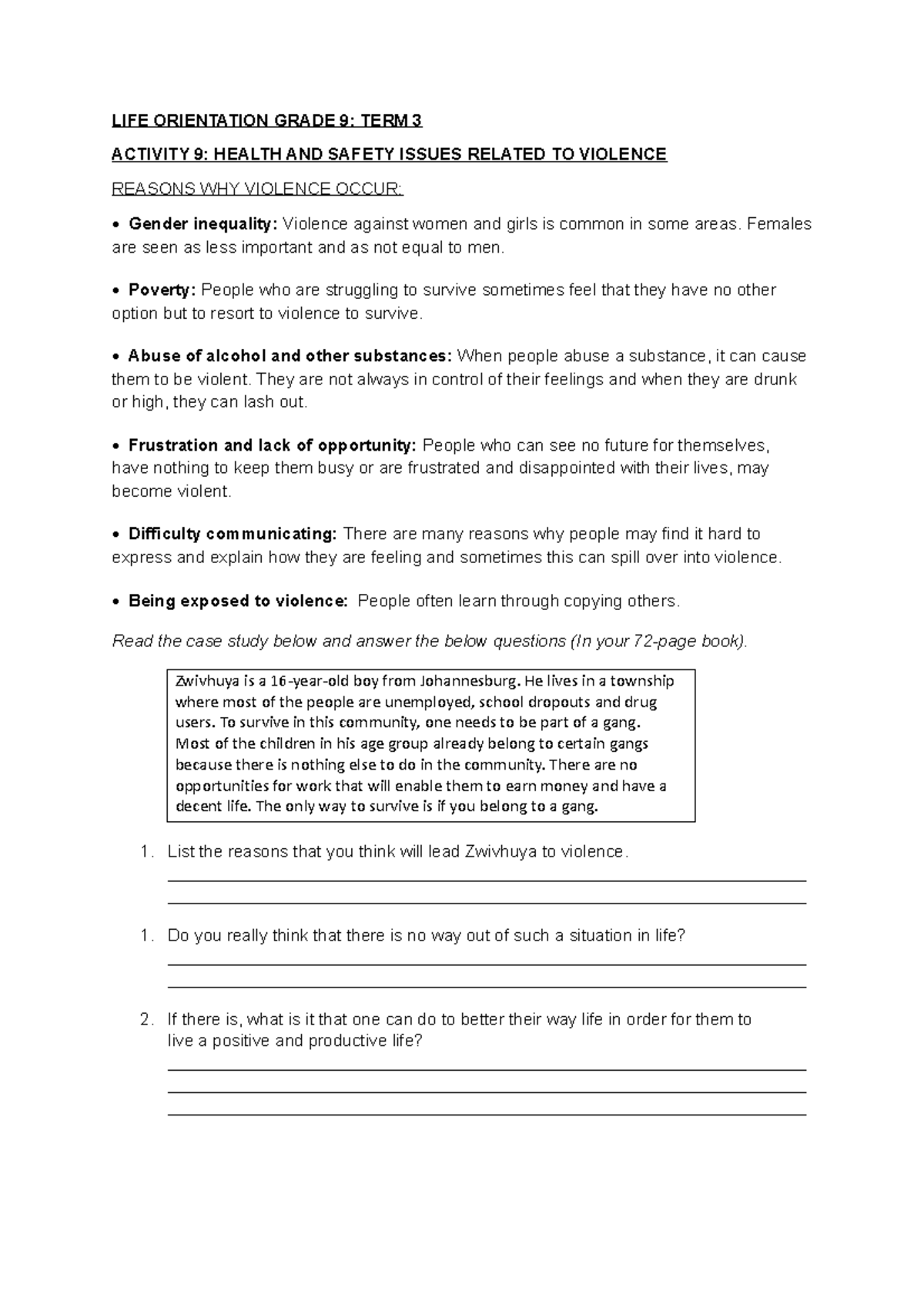 Grade 9 LO UNIT 5 - LO TERM 3 - LIFE ORIENTATION GRADE 9: TERM 3 ...