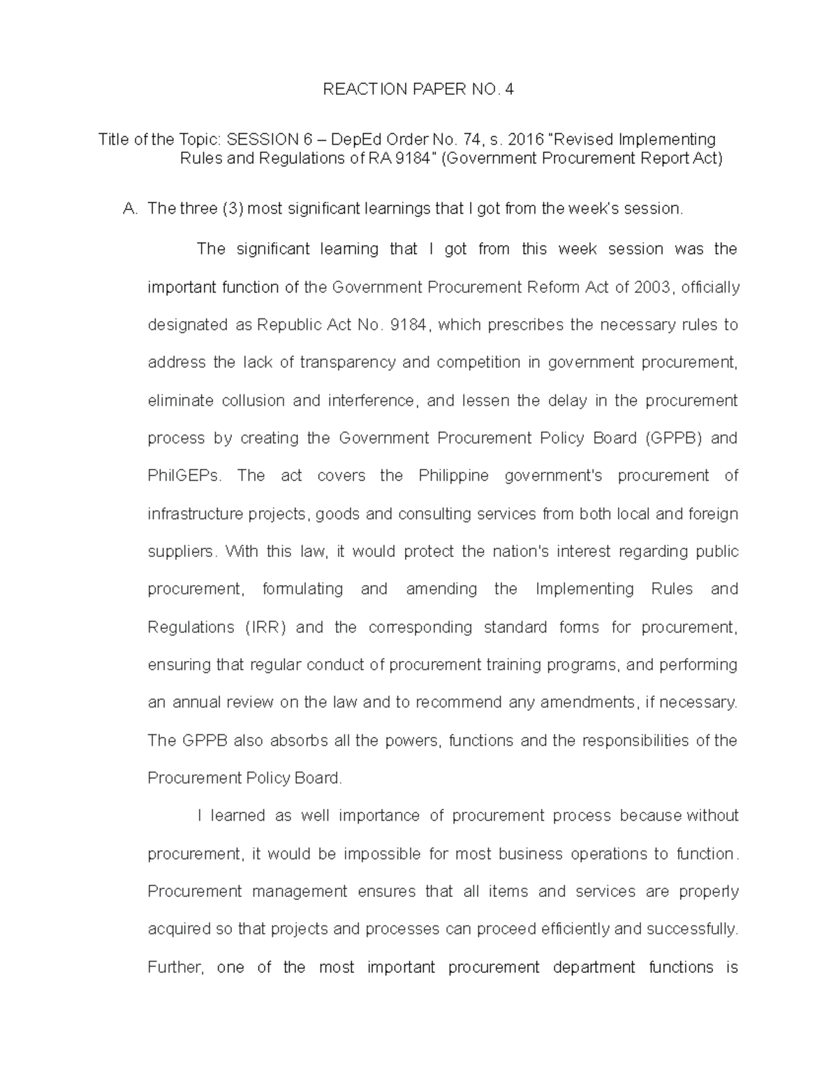 Reaction Paper Dep Ed Order No. 74, s. 2016 “Revised Implementing ...