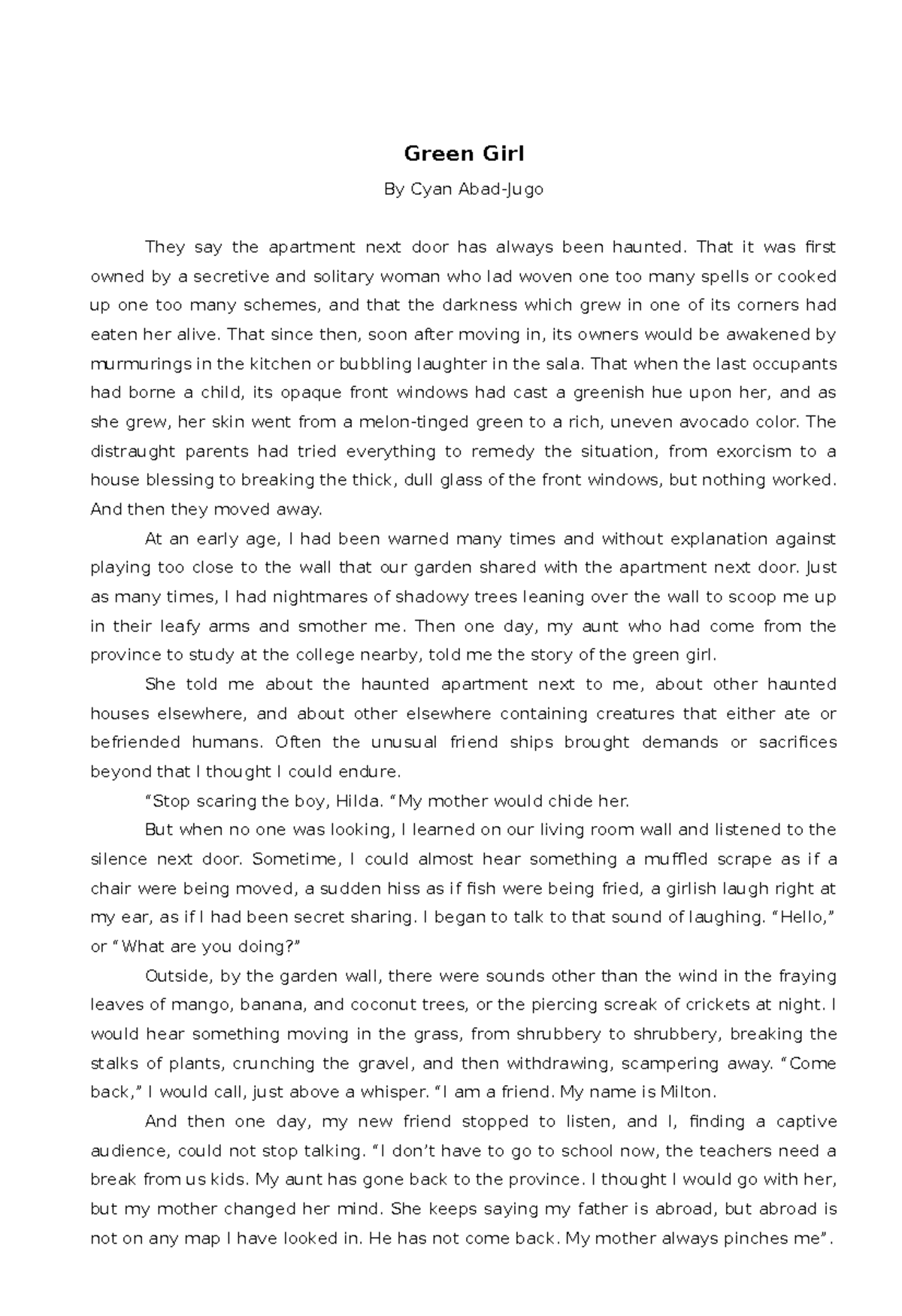 Las 21st Century Lit Q1 W3 Green Girl By Cyan Abad Jugo They Say The