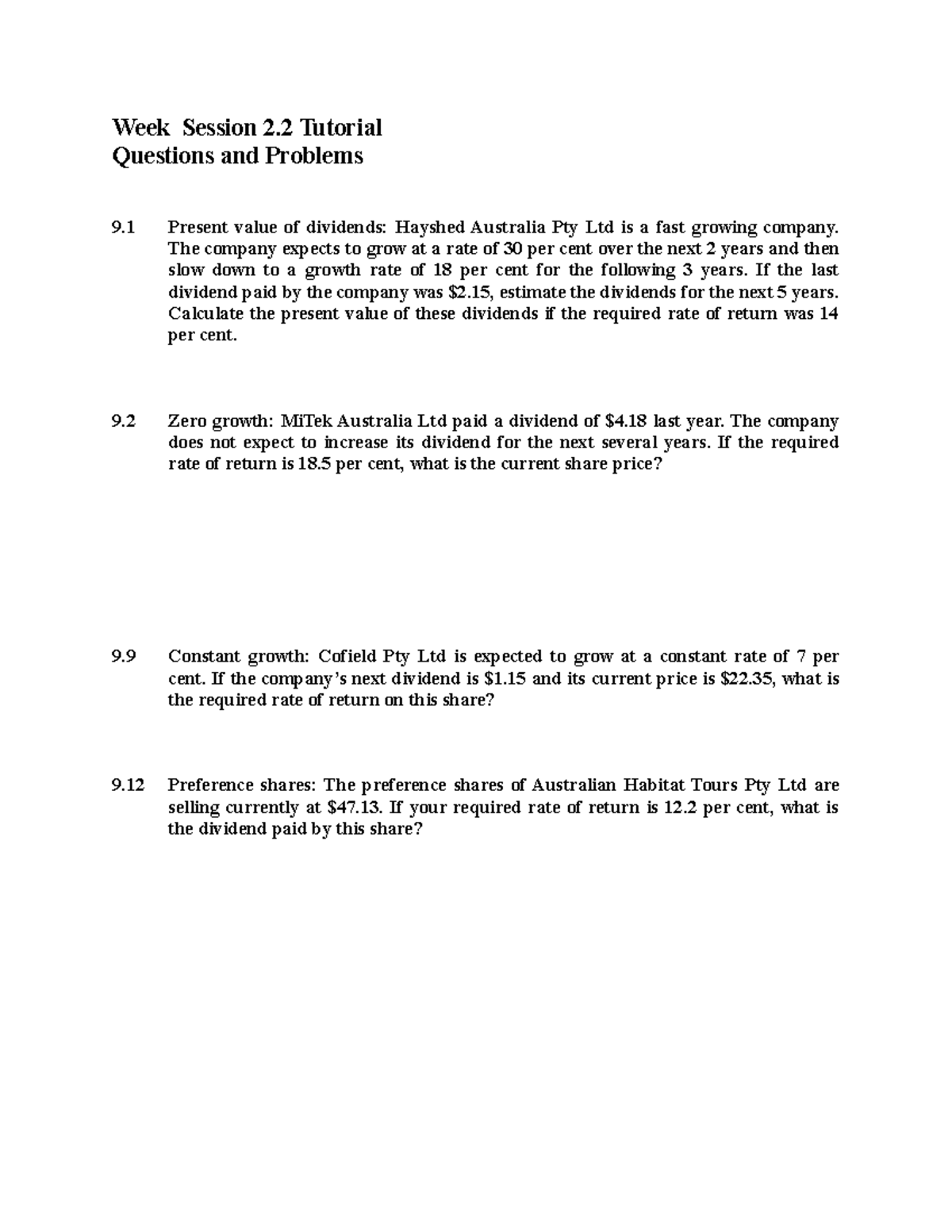 Week 5 Tutorial questions - Week Session 2 Tutorial Questions and ...
