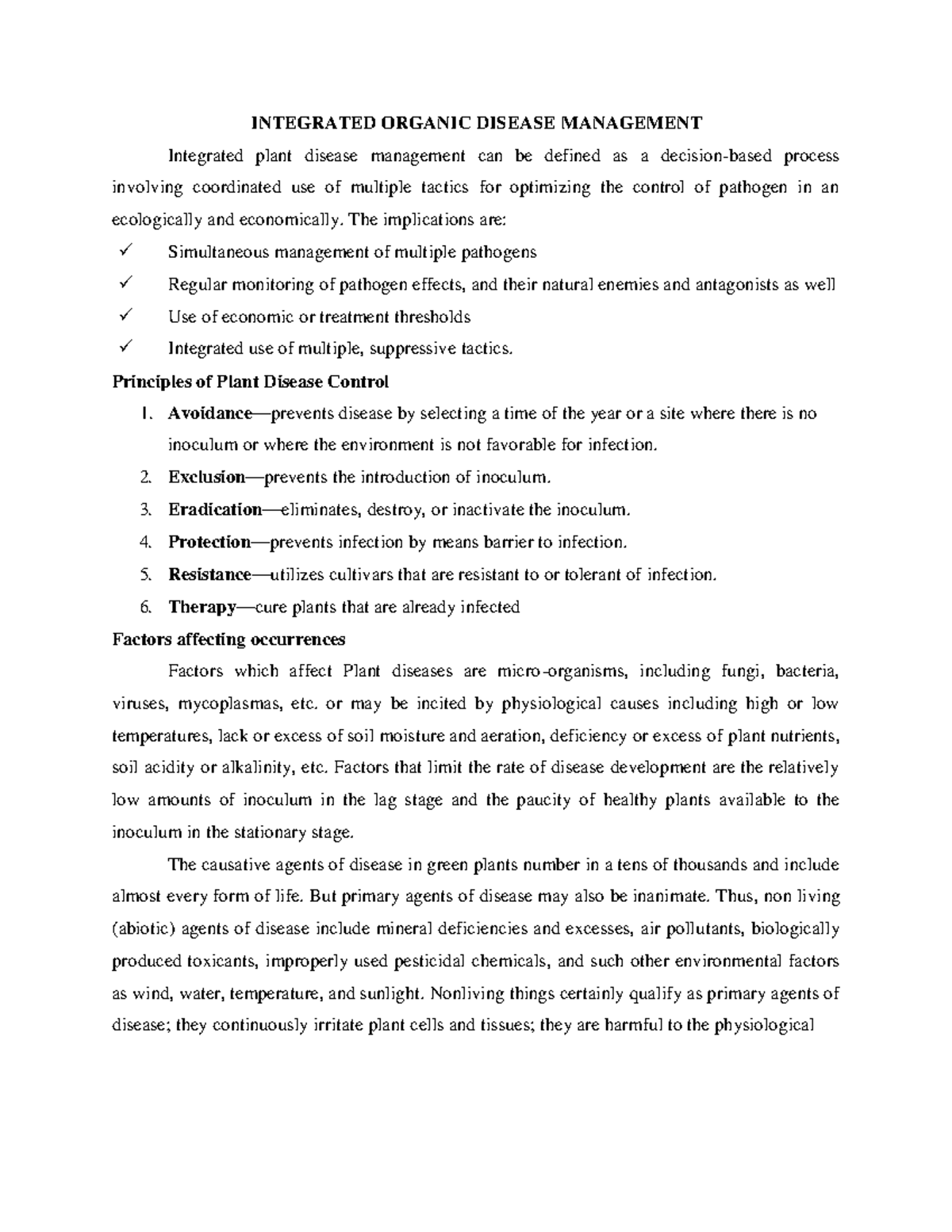 IDM USEFUL INTEGRATED ORGANIC DISEASE MANAGEMENT Integrated Plant