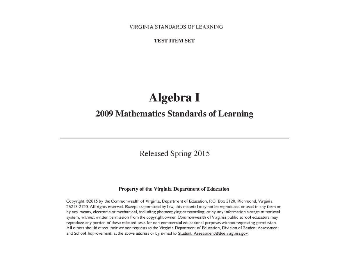 Algebra 1 released in spring 2015 - Property of the Virginia Department ...