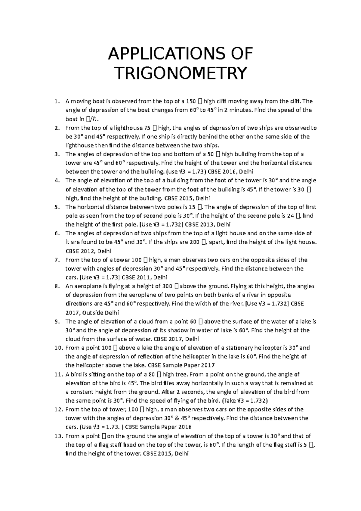 Applications OF Trigonometry previous year questions - APPLICATIONS OF ...