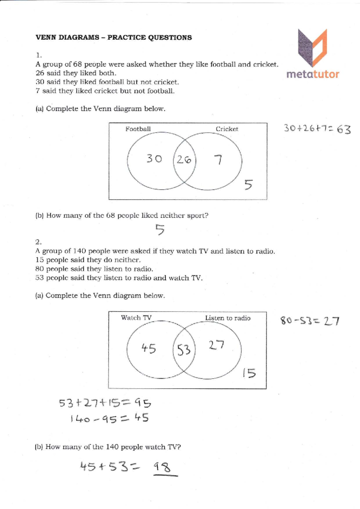 VENN- Diagrams- Solutions - vEr{N DTAGRAMS - PRACTTCE QUESTTONS 1 1. A ...