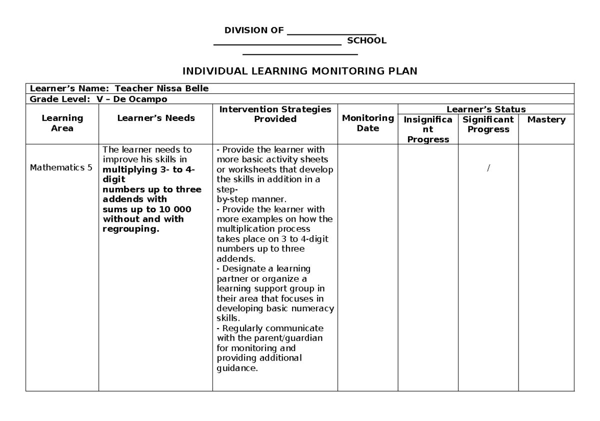 Individual Learning Monitoring PLAN for Teacher - DIVISION OF ...
