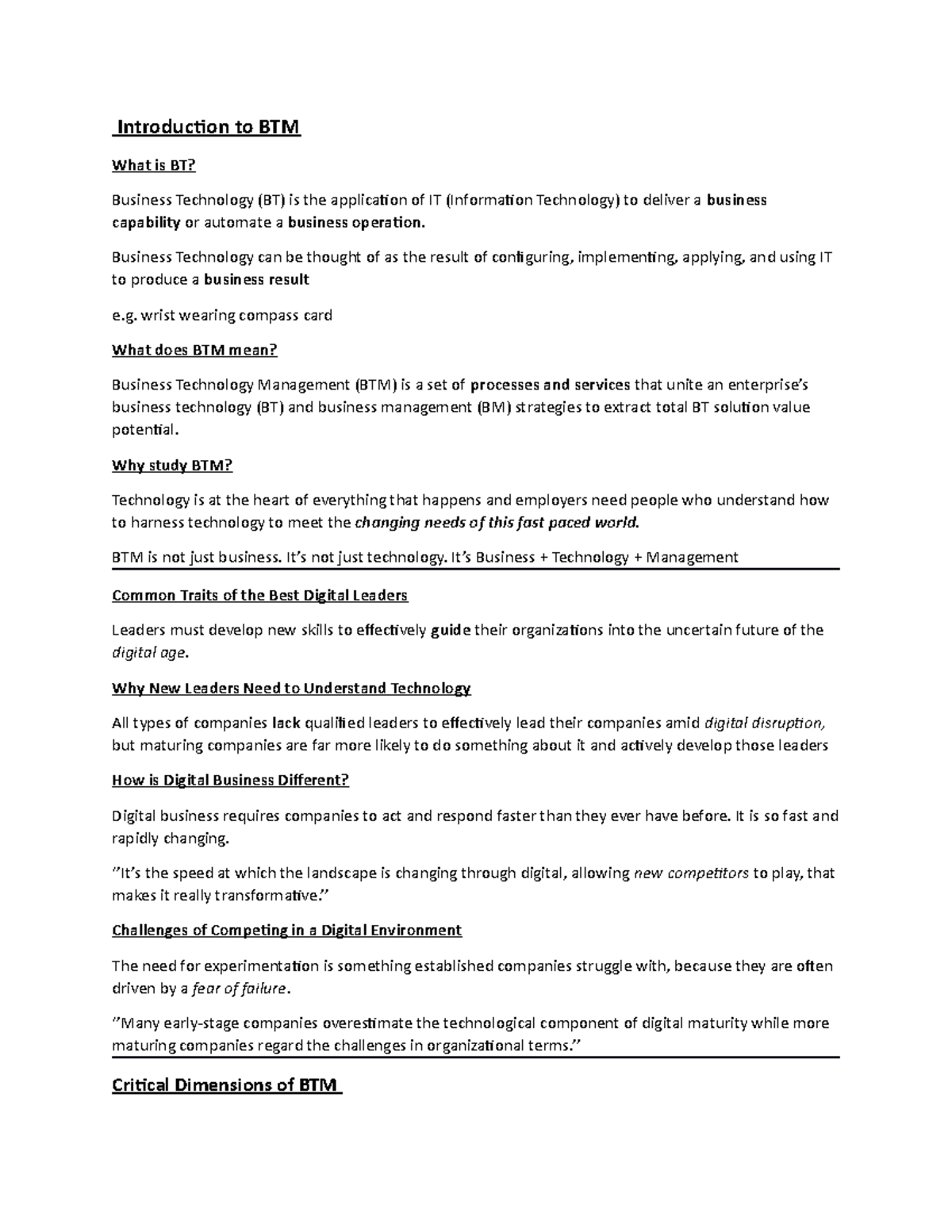 Introduction to BTM notes - Introduction to BTM What is BT? Business ...