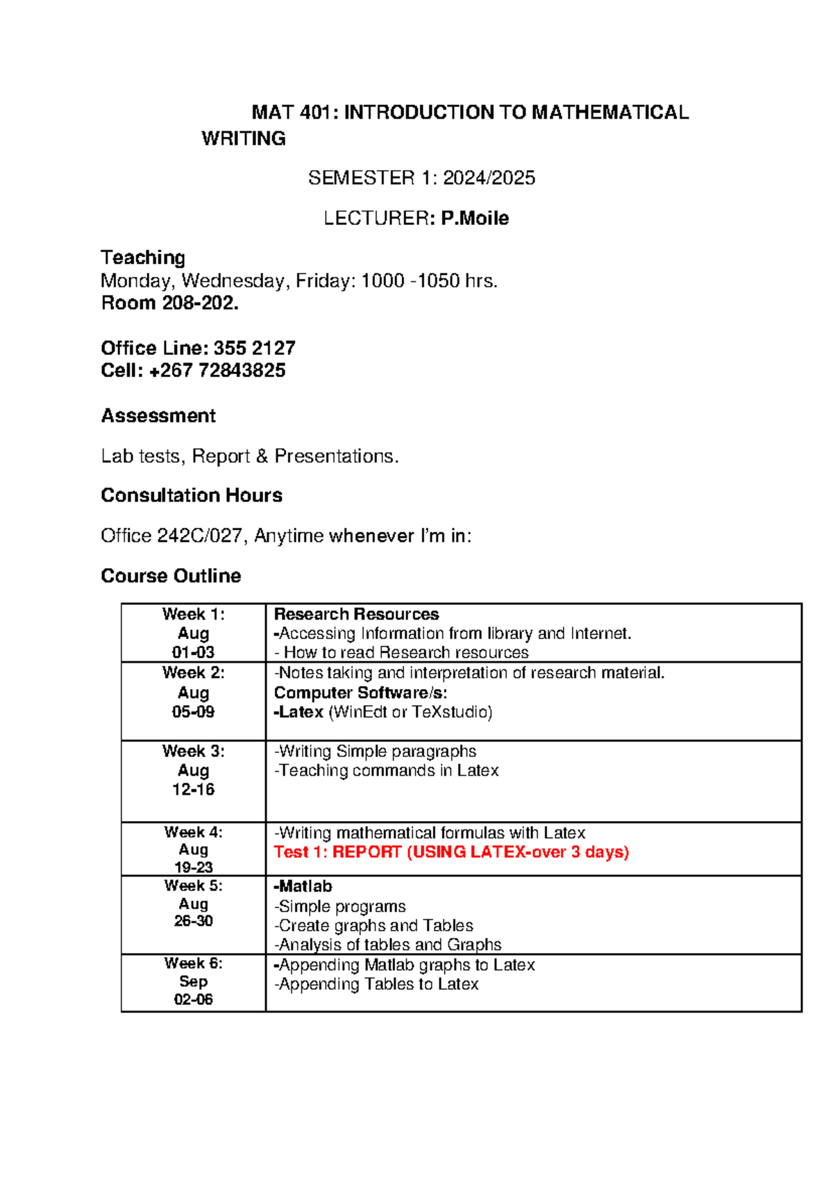 Course-Outline - Courses outline - MAT 401: INTRODUCTION TO ...