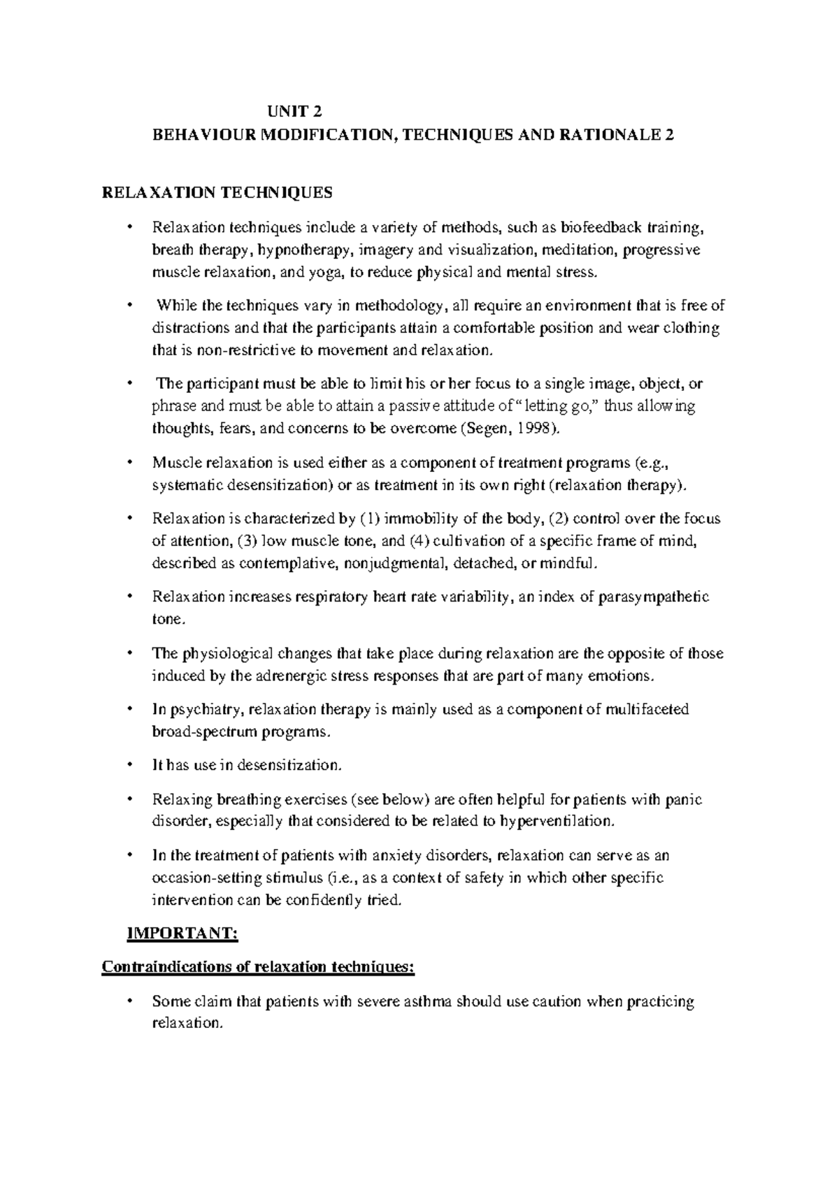 Psychotherapy 2 - UNIT 2 BEHAVIOUR MODIFICATION, TECHNIQUES AND RATIONALE 2 RELAXATION ...