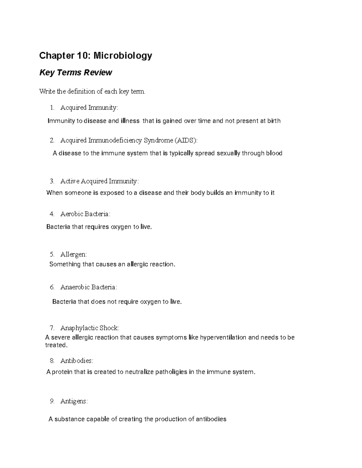Micobiology - Chapter 10: Microbiology Key Terms Review Write the definition of each key term. 1 ...