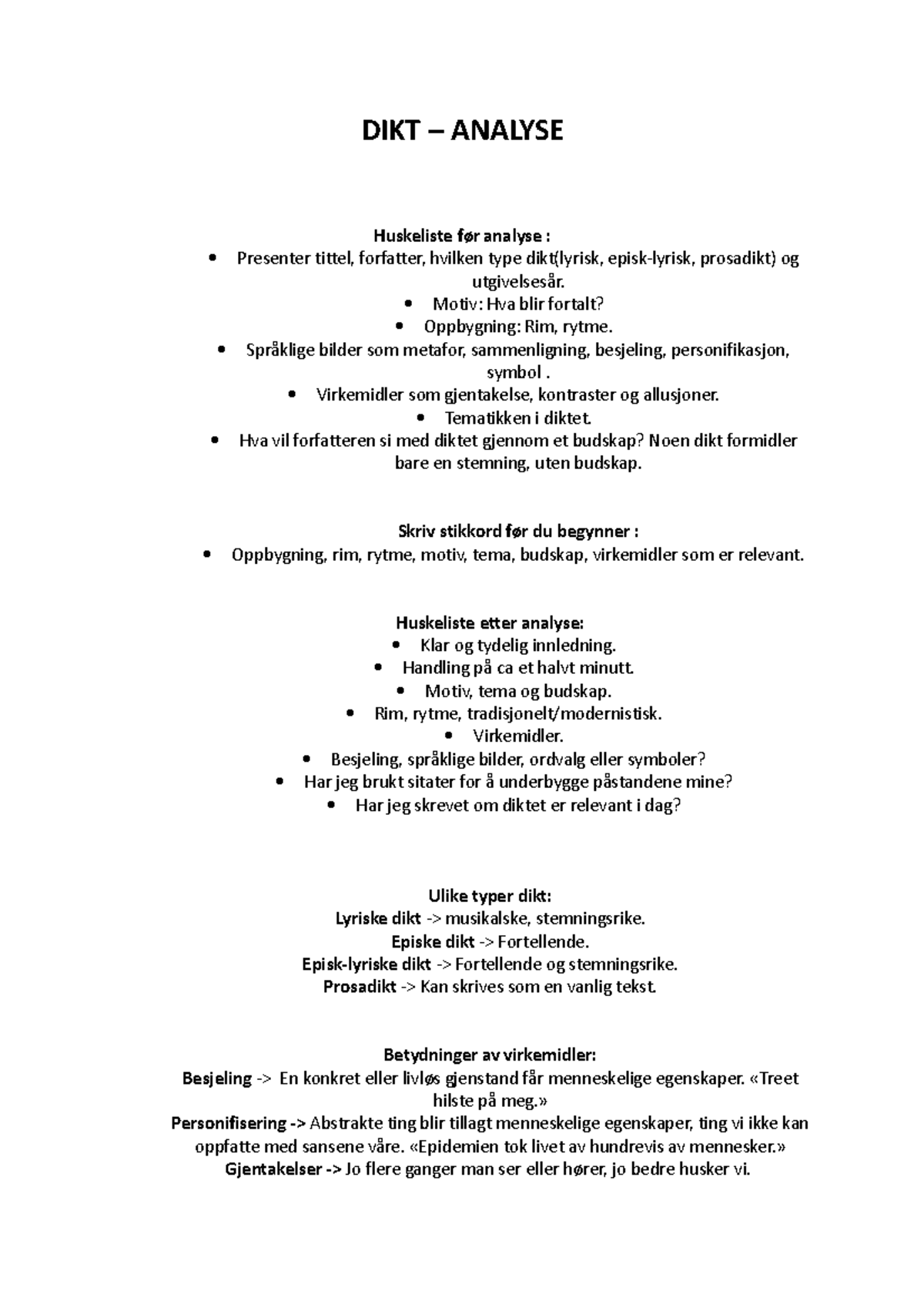 Analyser-I- Norsk - DIKT – ANALYSE Huskeliste før analyse : Presenter ...