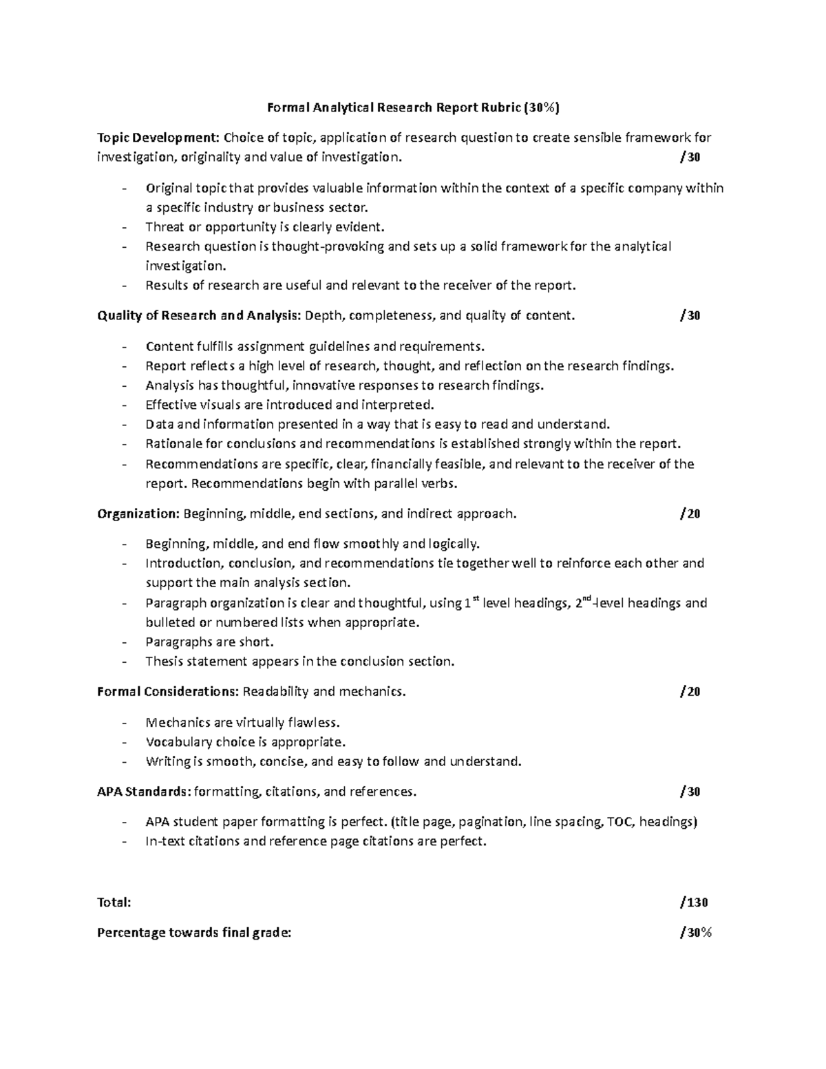 Formal Analytical Research Report Rubric - / Original topic that ...