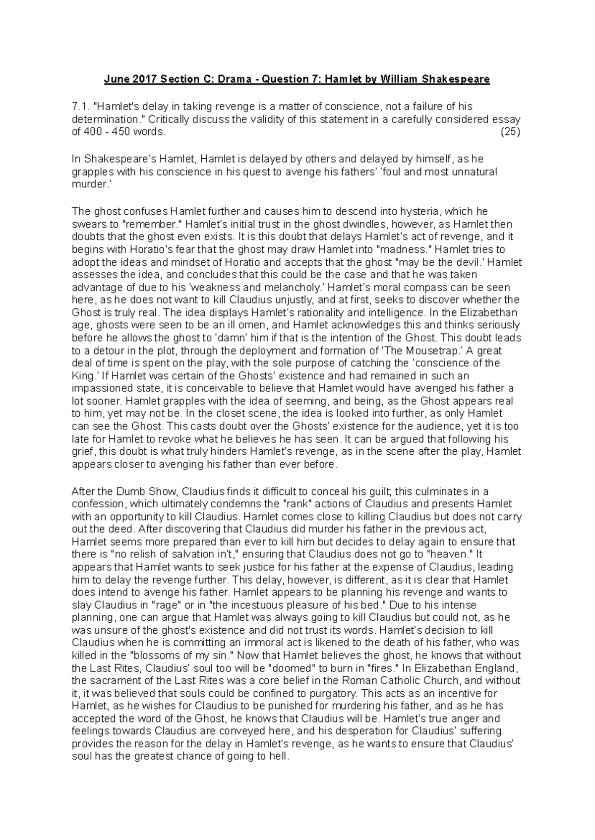 Hamlet Lit Essay Practice - June 2017 Section C: Drama - Question 7 ...