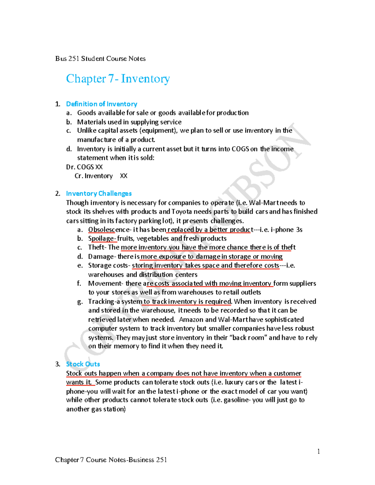 Bus251 Chapter 7 Notes - enjoy - 1 Bus 251 Student Course Notes Chapter ...