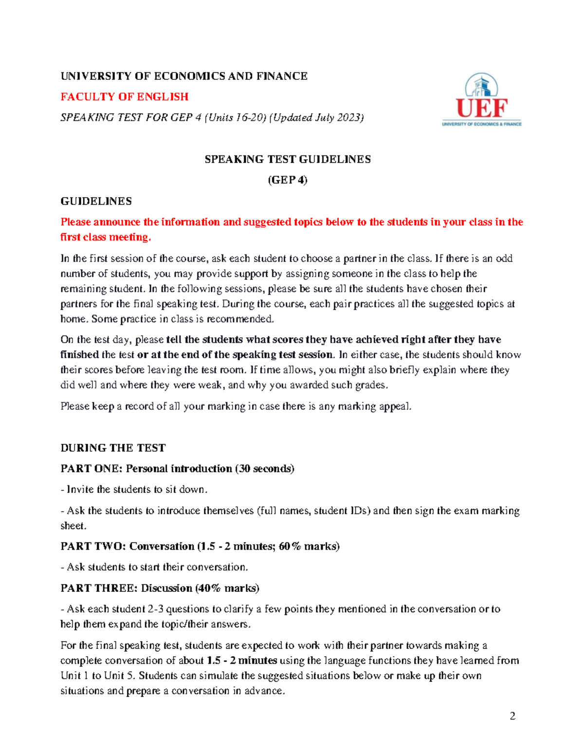 GEP 4 Speaking July 2023 (New Instructions) - 2 UNIVERSITY OF ECONOMICS ...