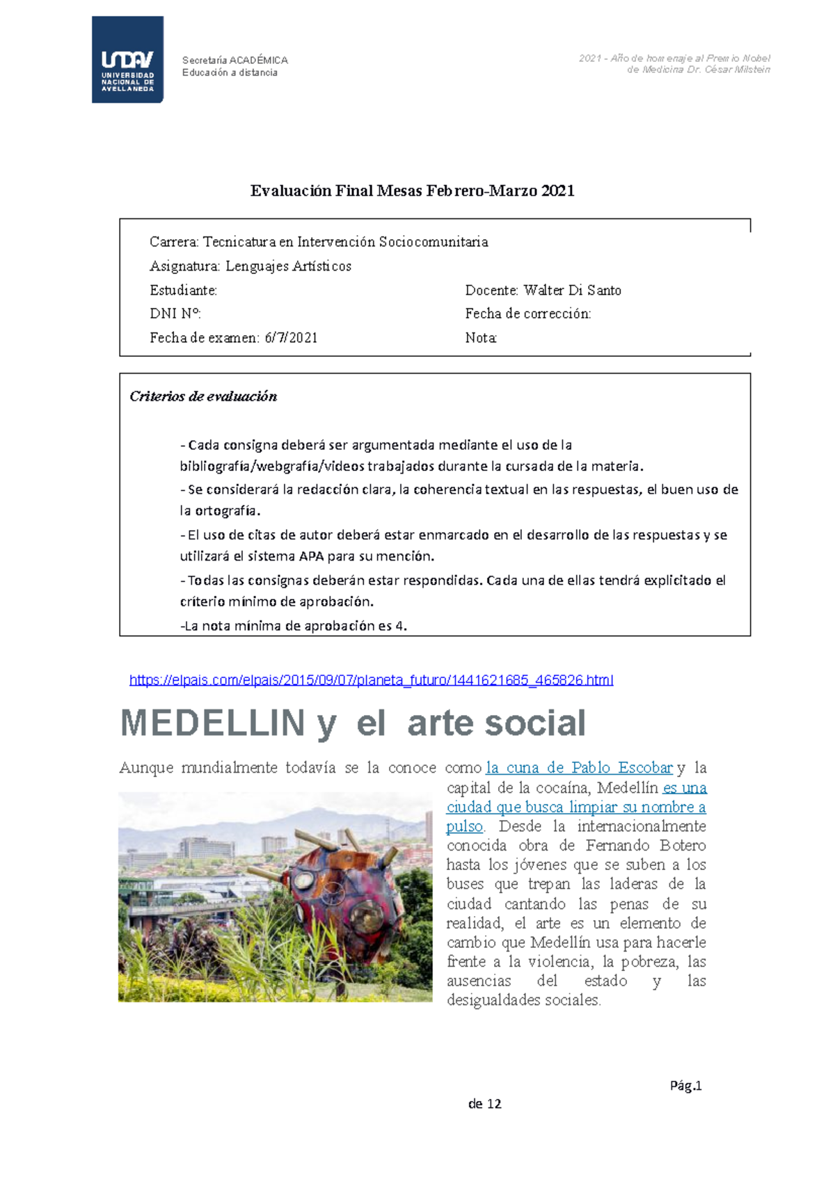 Lenguajes Artisticos Examen 2021 EFI María Belen FABI - Evaluación ...