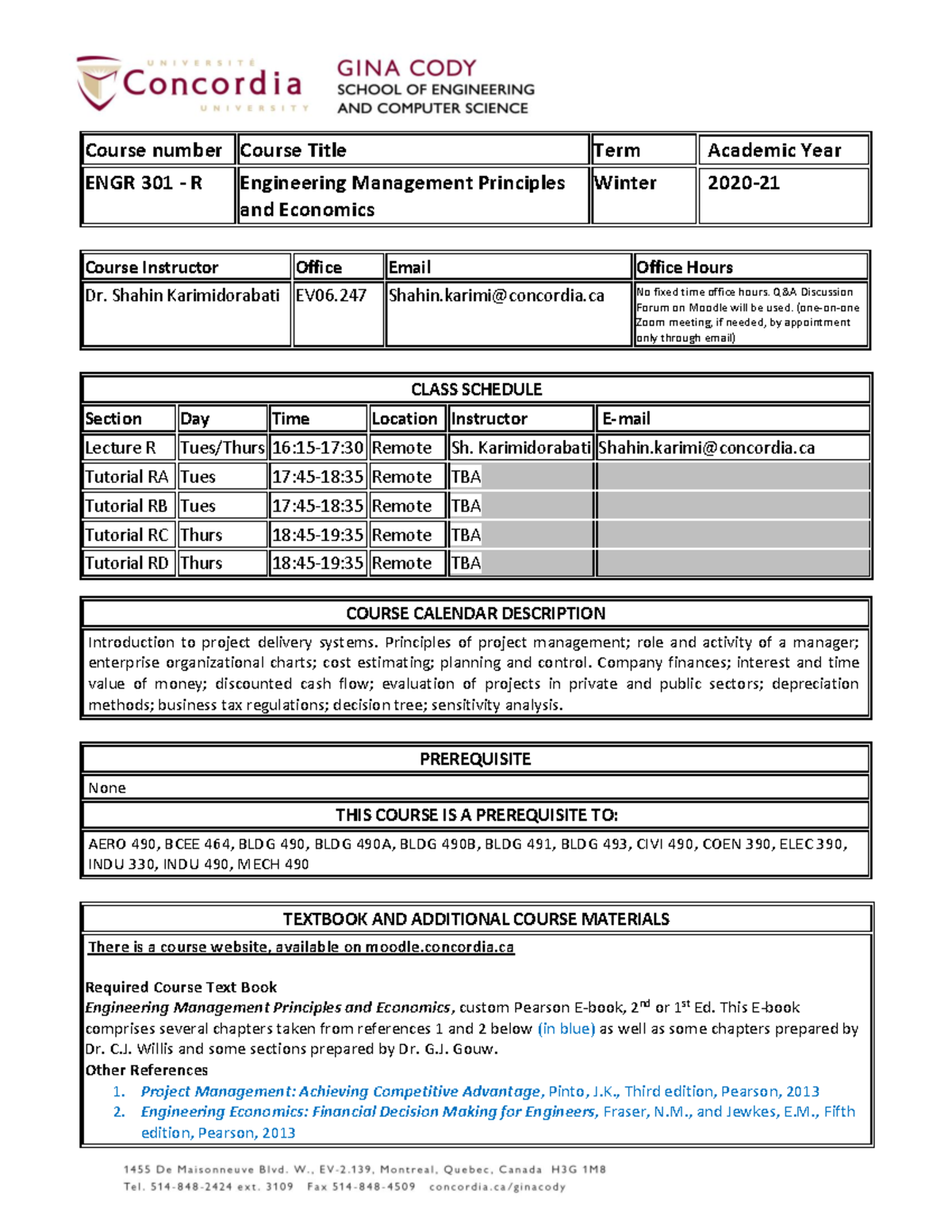 ENGR 301 Course outline-Section R - Course number Course Title Term ...