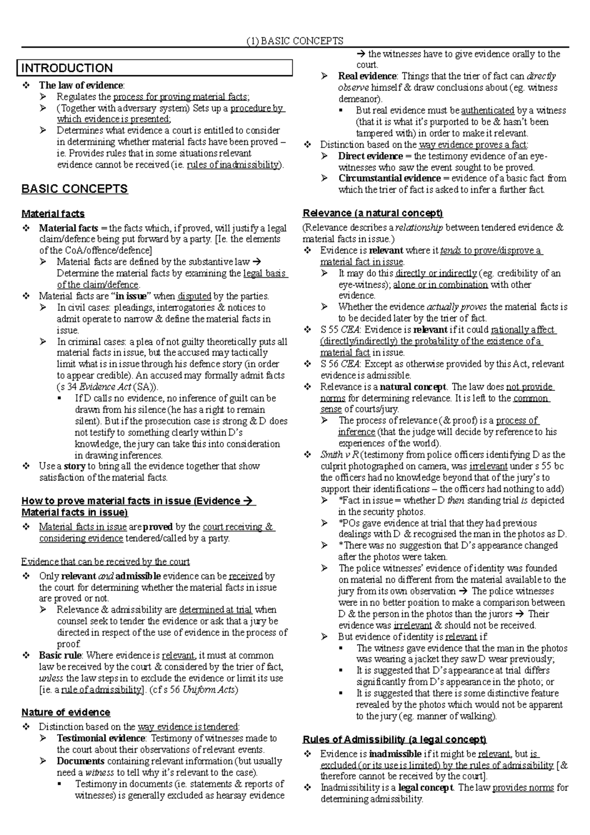 Evidence Notes 1 - (1) BASIC CONCEPTS INTRODUCTION The law of evidence ...