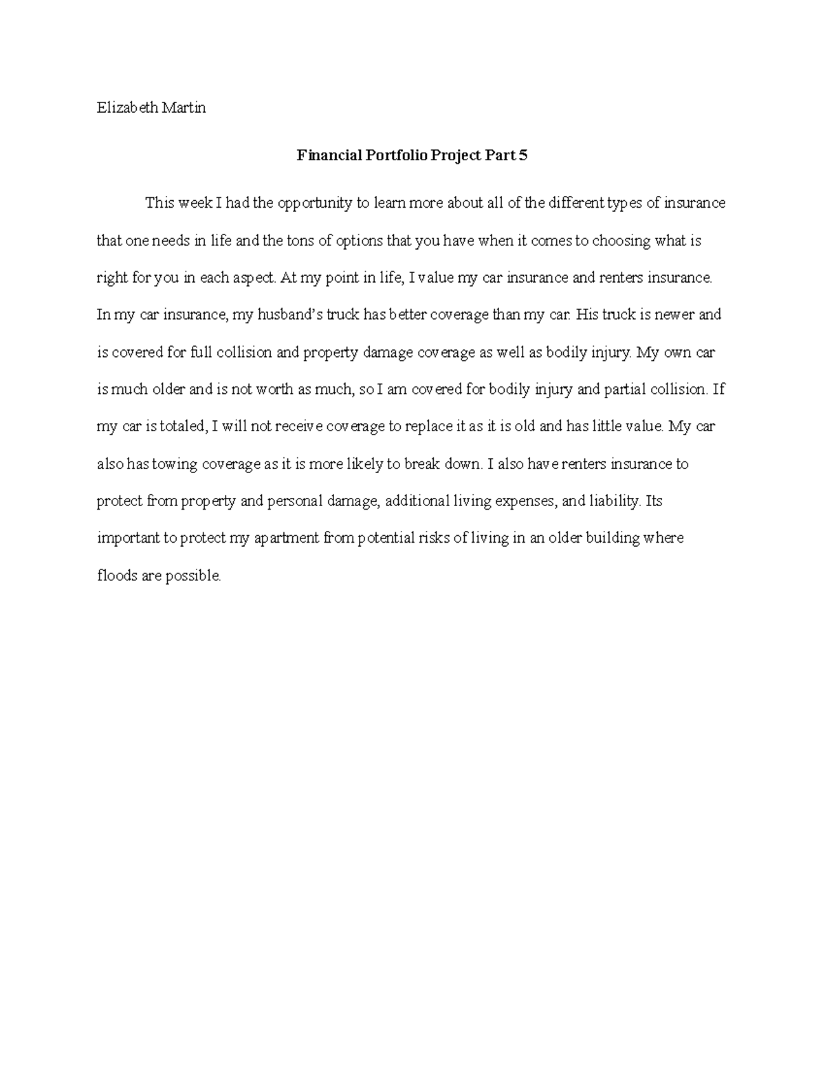 FIN week 5 - FIN 210 week 5 assignment - Elizabeth Martin Financial ...