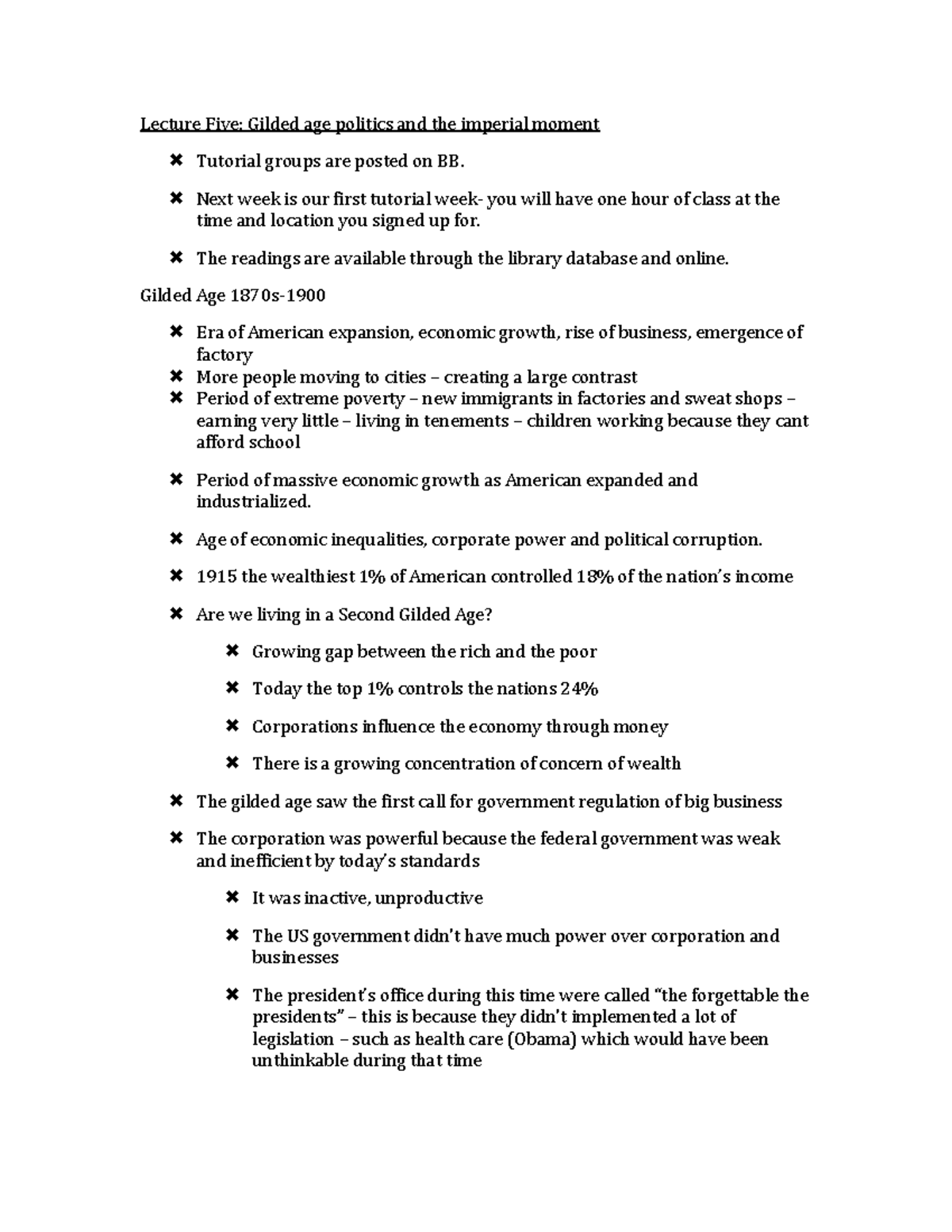 Lecture notes, lecture 5-8 - Lecture Five: Gilded age politics and the ...