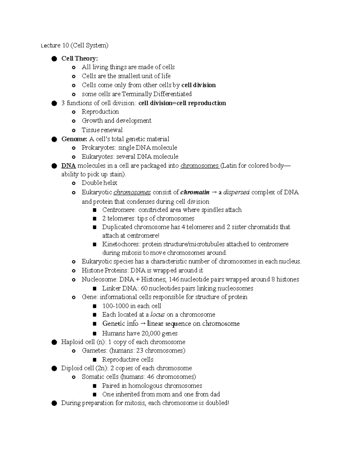 Lecture 10 Lecture 10 Cell System Cell Theory O All Living Things