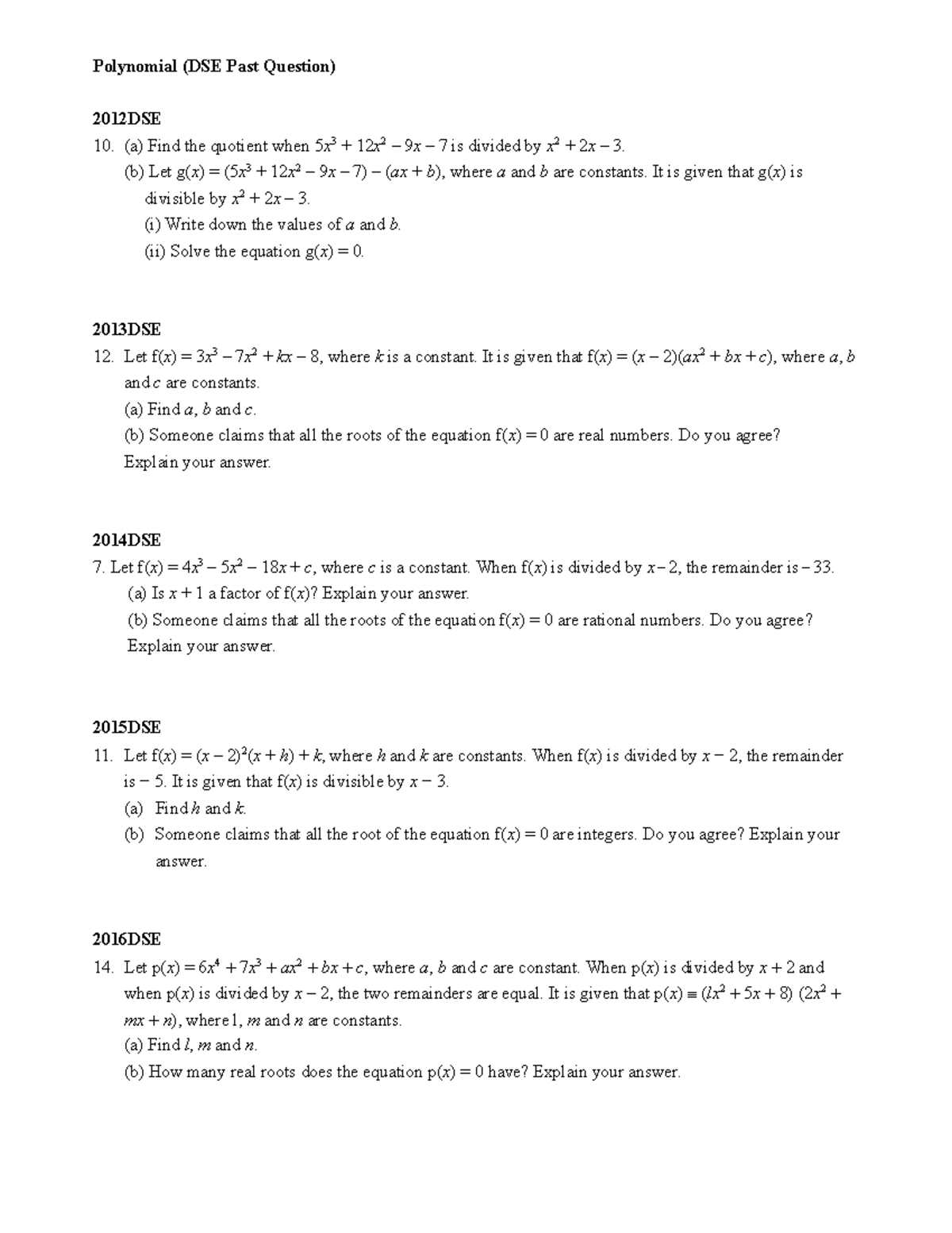 Polynomial Questions DSE - Polynomial (DSE Past Question) 2012DSE 10 ...