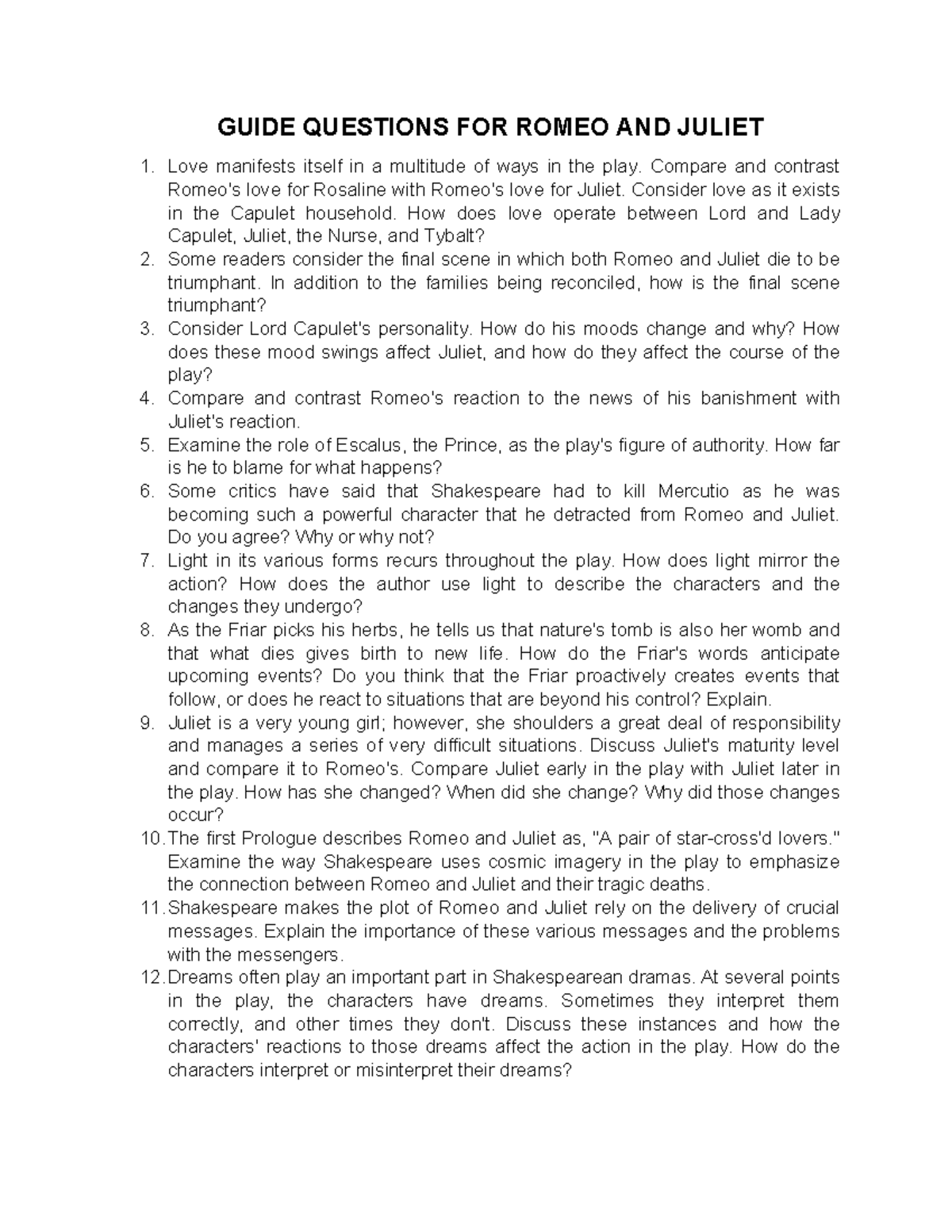 Guided Questions Romeo AND Juliet - GUIDE QUESTIONS FOR ROMEO AND ...