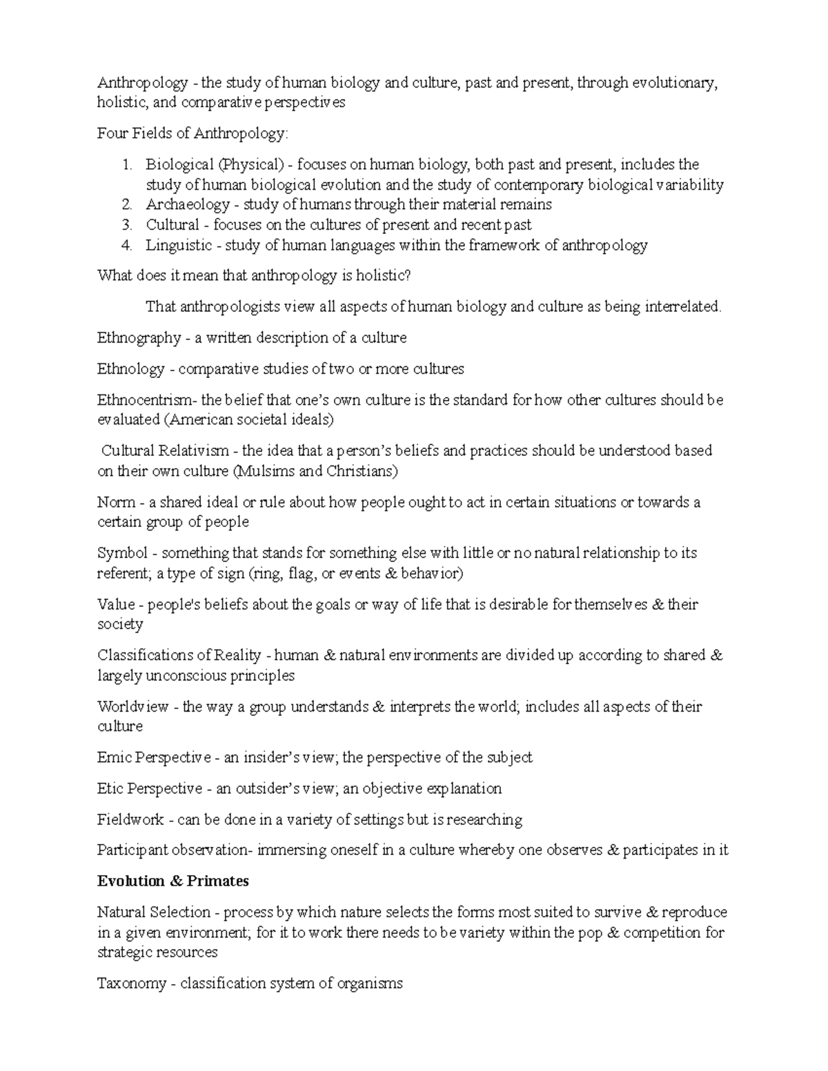 Exam 1 Study Guide - Anthropology - the study of human biology and ...