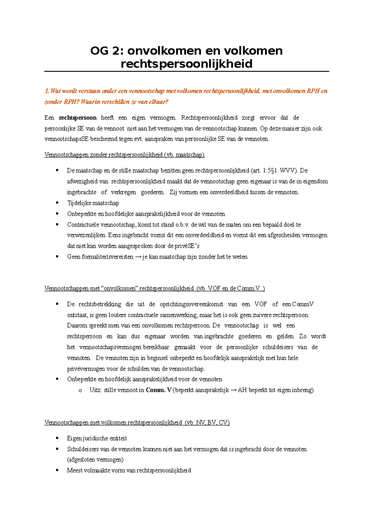 OG 2 onvolkomen en volkomen rechtspersoonlijkheid ...