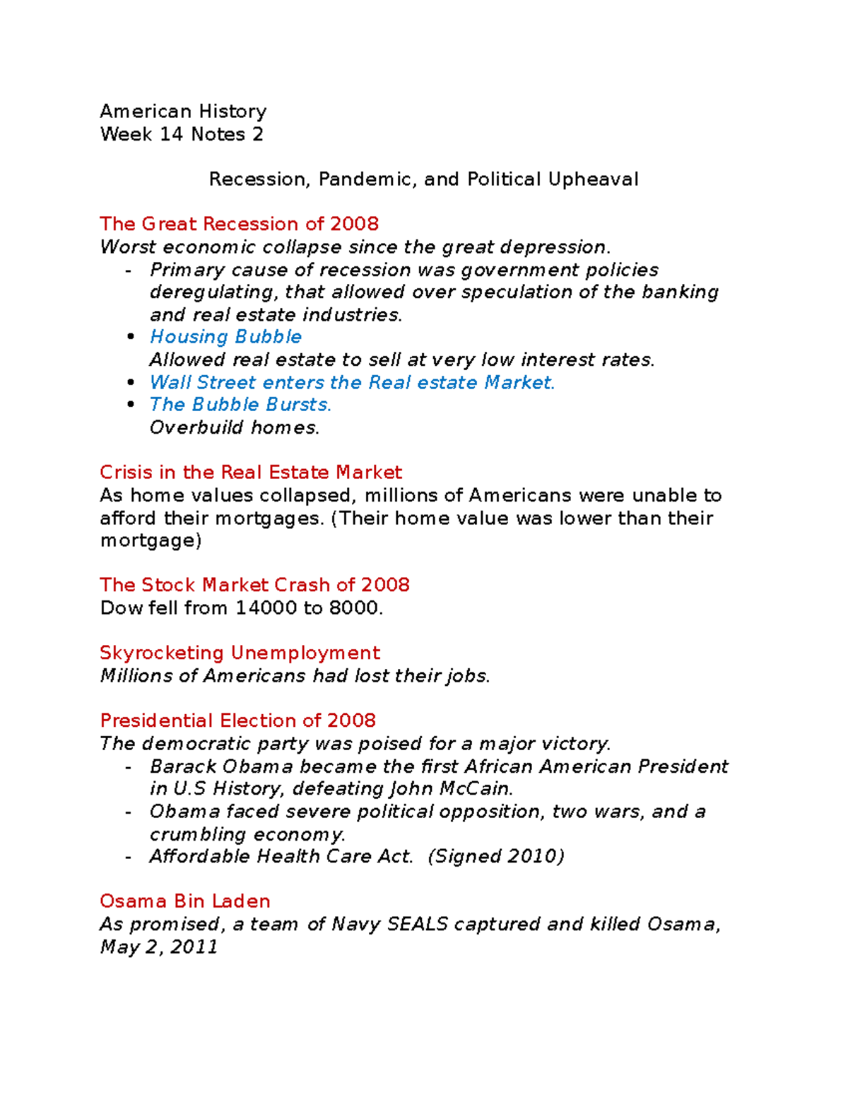 HIST Week 14 Notes. Part 2 - American History Week 14 Notes 2 Recession ...