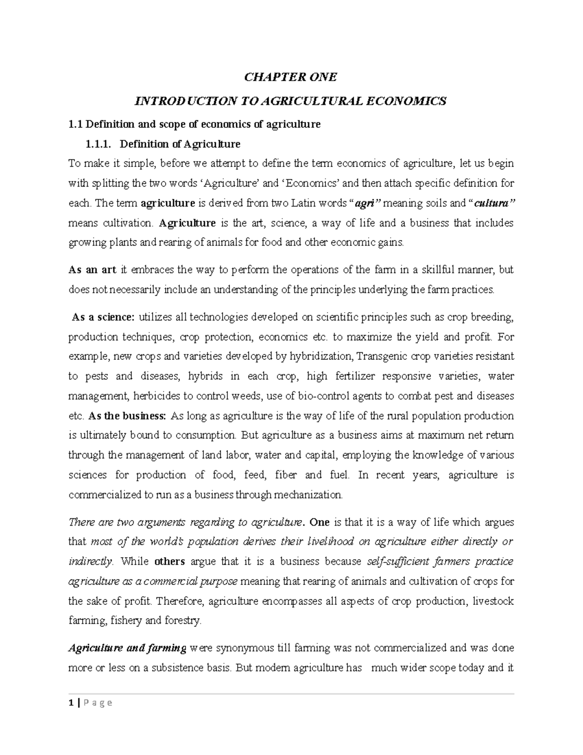 Agricultural Economics ch-1 - CHAPTER ONE INTRODUCTION TO AGRICULTURAL ...