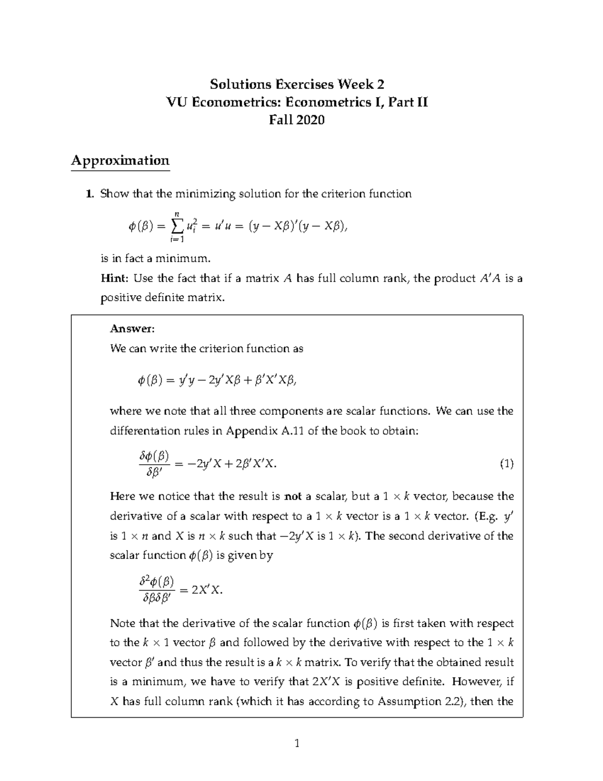 Solutions Week 2 - Part II - Econometrics I - VU - Studeersnel