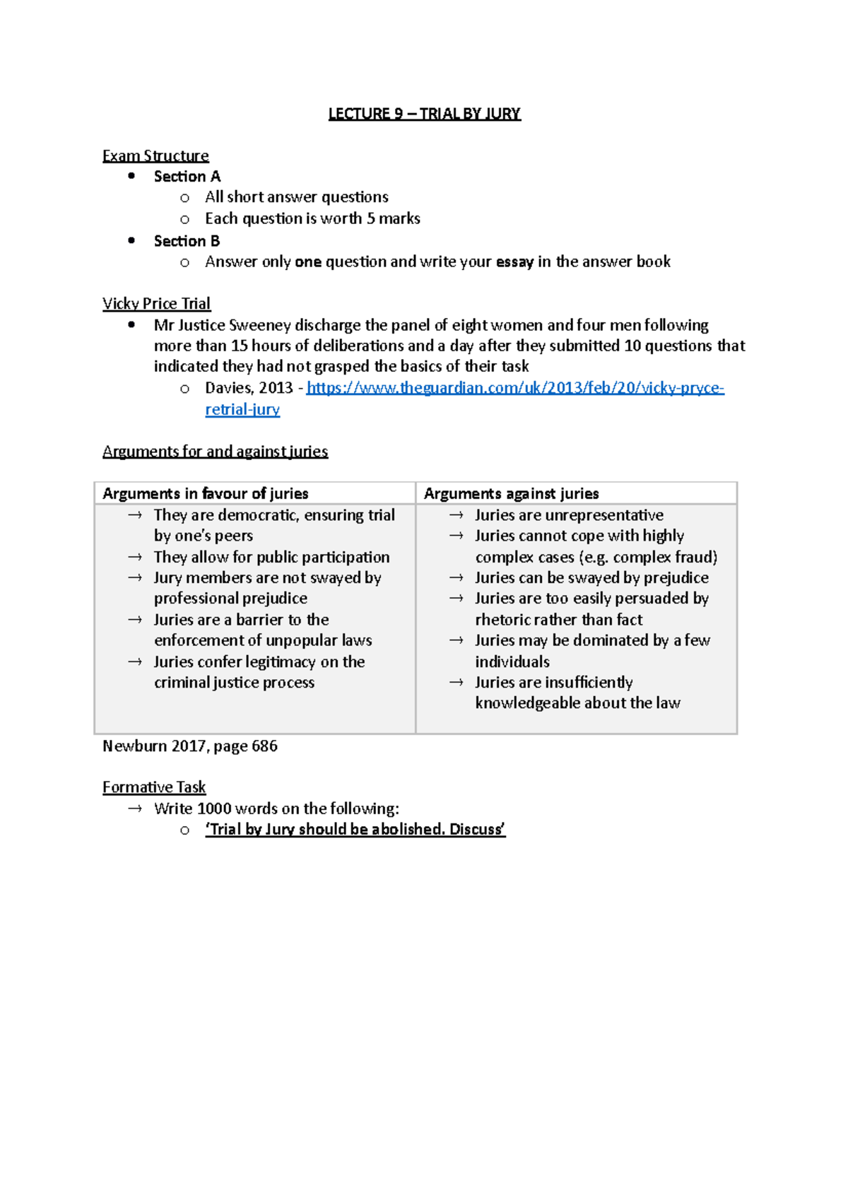 Lecture 9 - LECTURE 9 – TRIAL BY JURY Exam Structure Section A o All ...