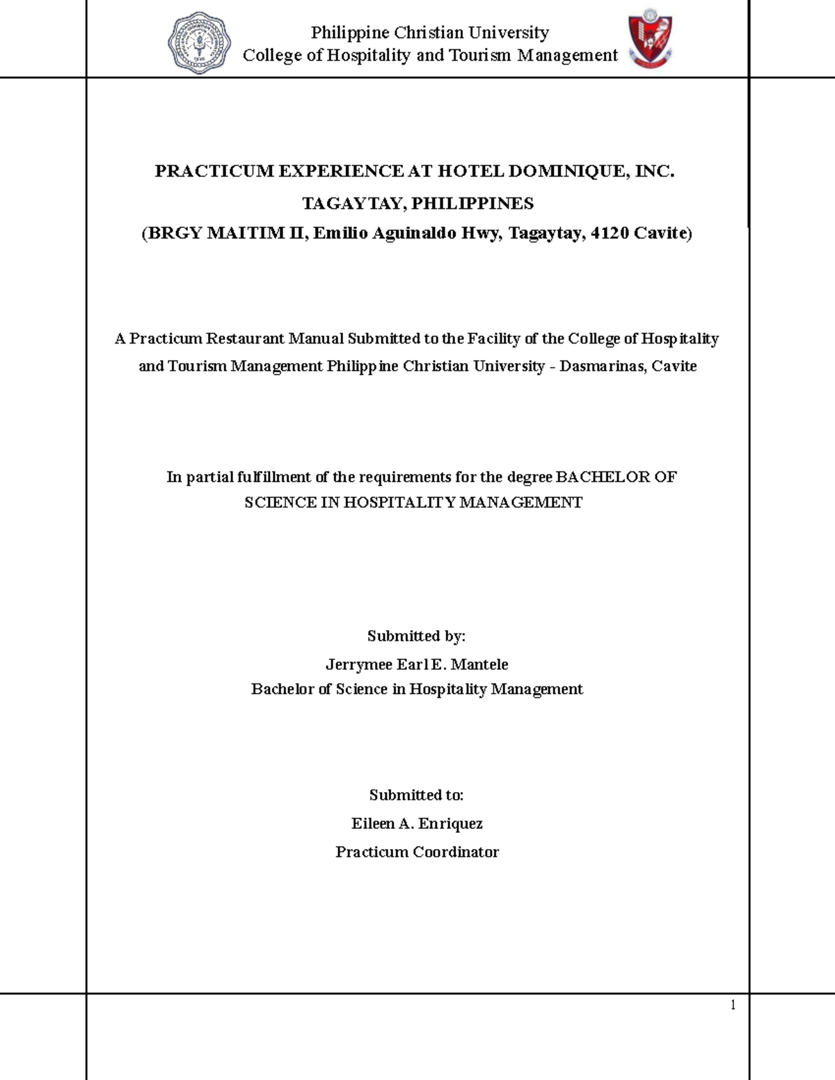 Manual Orig 1 DSFSDA - College of Hospitality and Tourism Management PRACTICUM EXPERIENCE AT ...