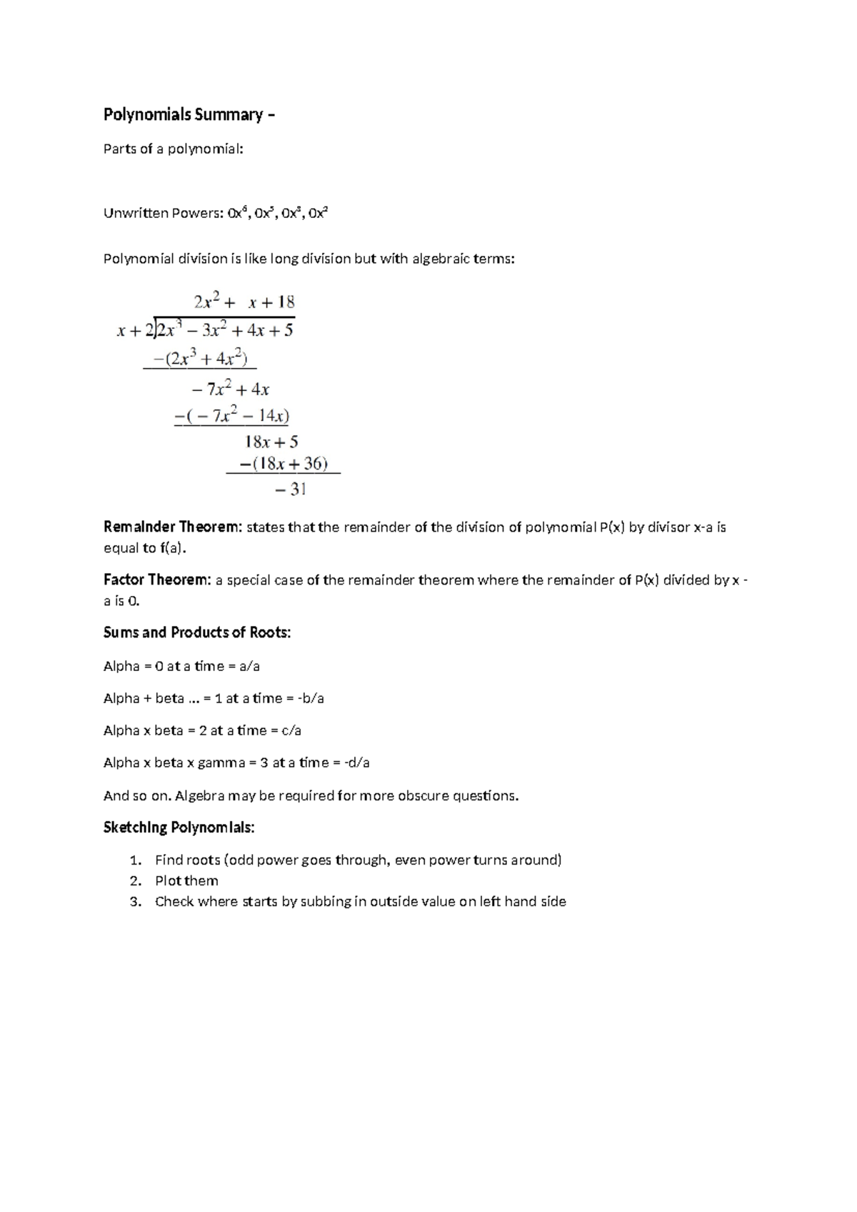 Polynomials Summary - Factor Theorem: a special case of the remainder ...