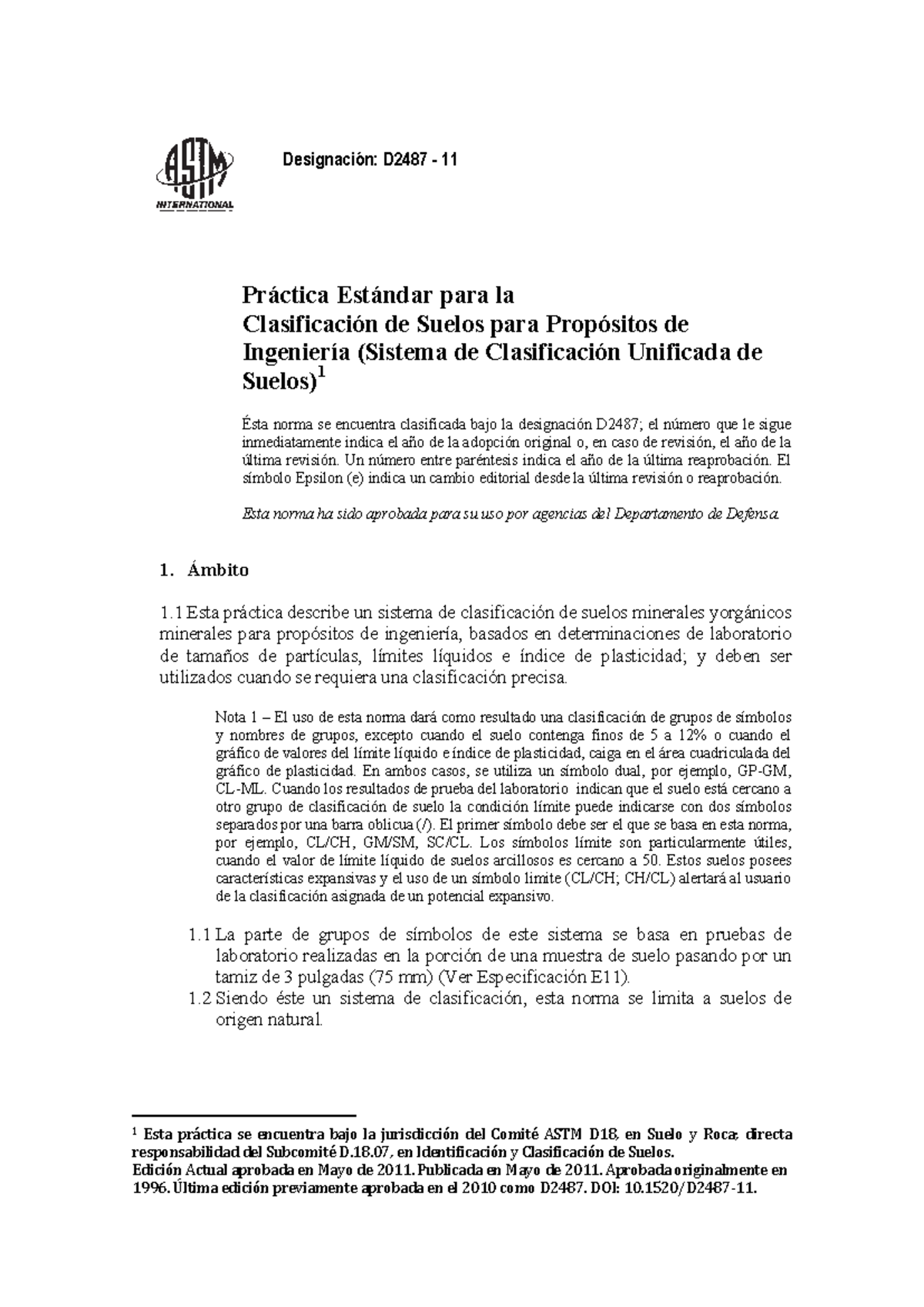 ASTM D2487 11 - Clasificación DE LOS Suelos - Práctica Estándar para la ...