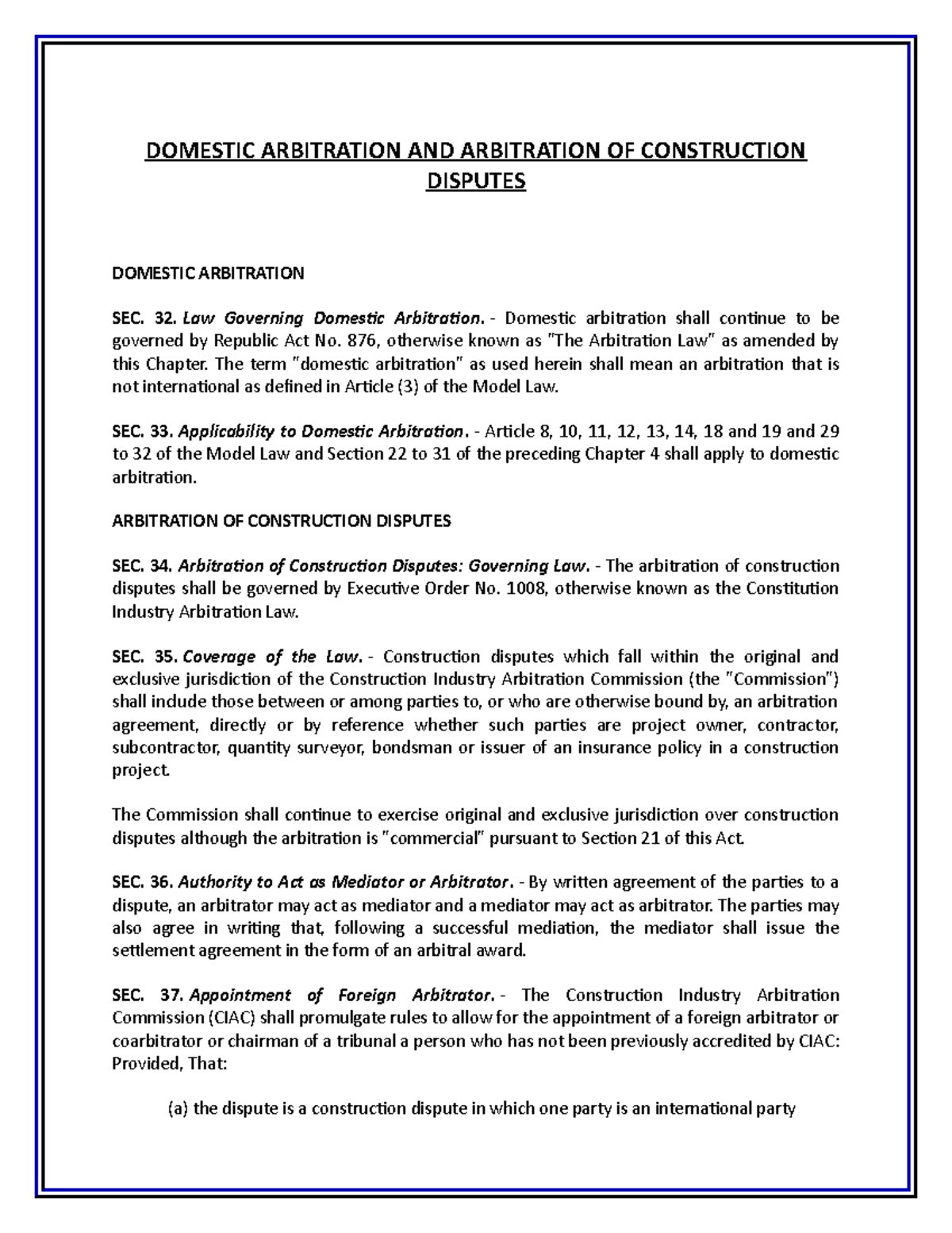 Domestic Arbitration AND Arbitration OF Construction Disputes ...