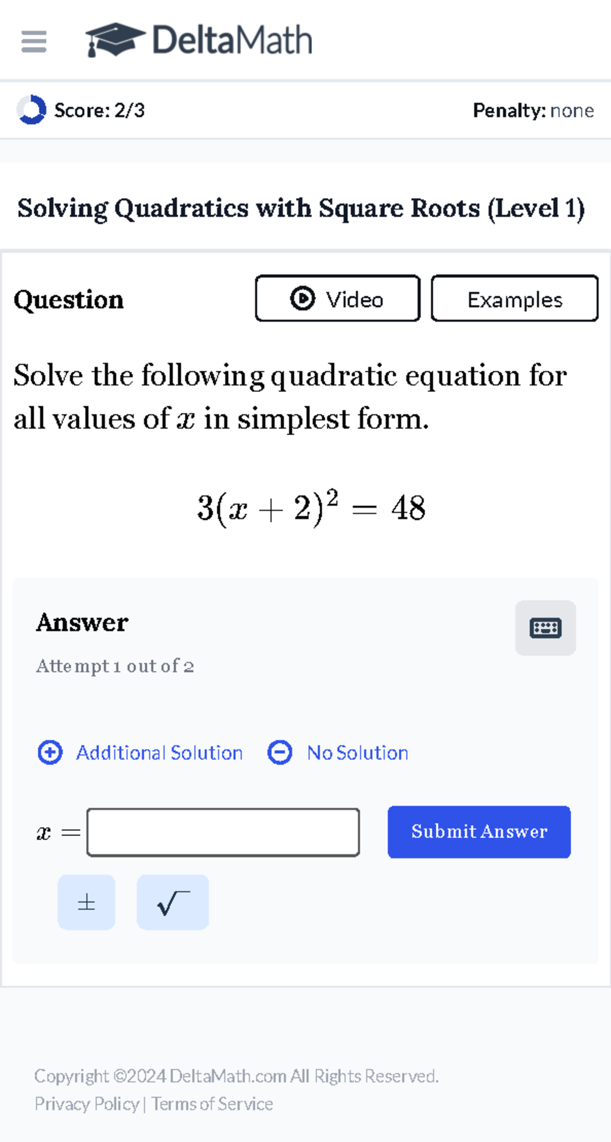 Delta Math Student Application - OCR 2015 - Score: 2/3 Penalty: none ...