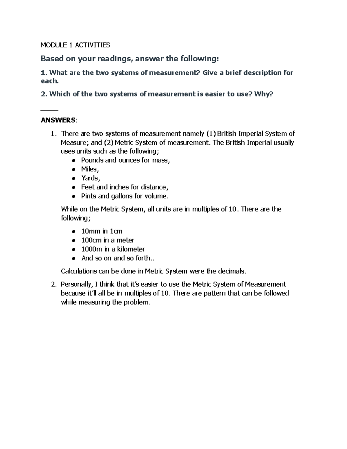 Module 1 Activities inorg chem - MODULE 1 ACTIVITIES Based on your ...
