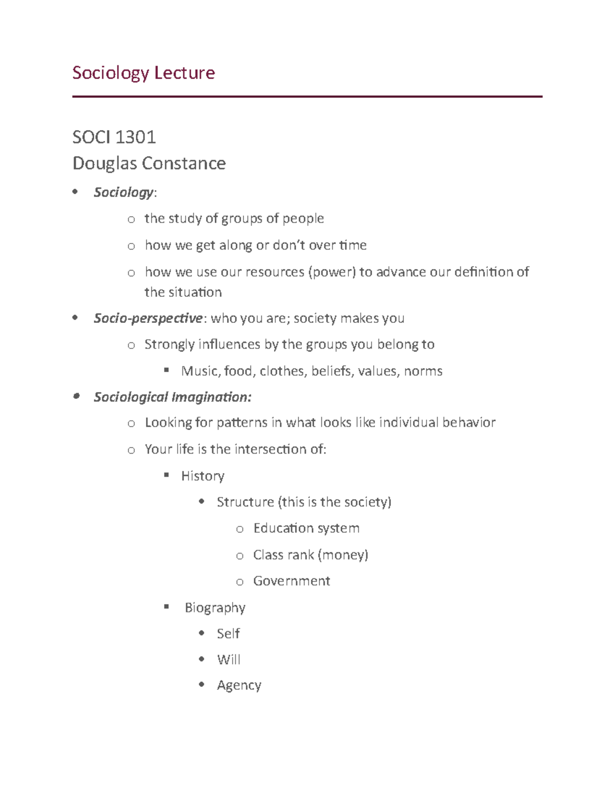 Sociology Lecture - Sociology Lecture SOCI 1301 Douglas Constance ...