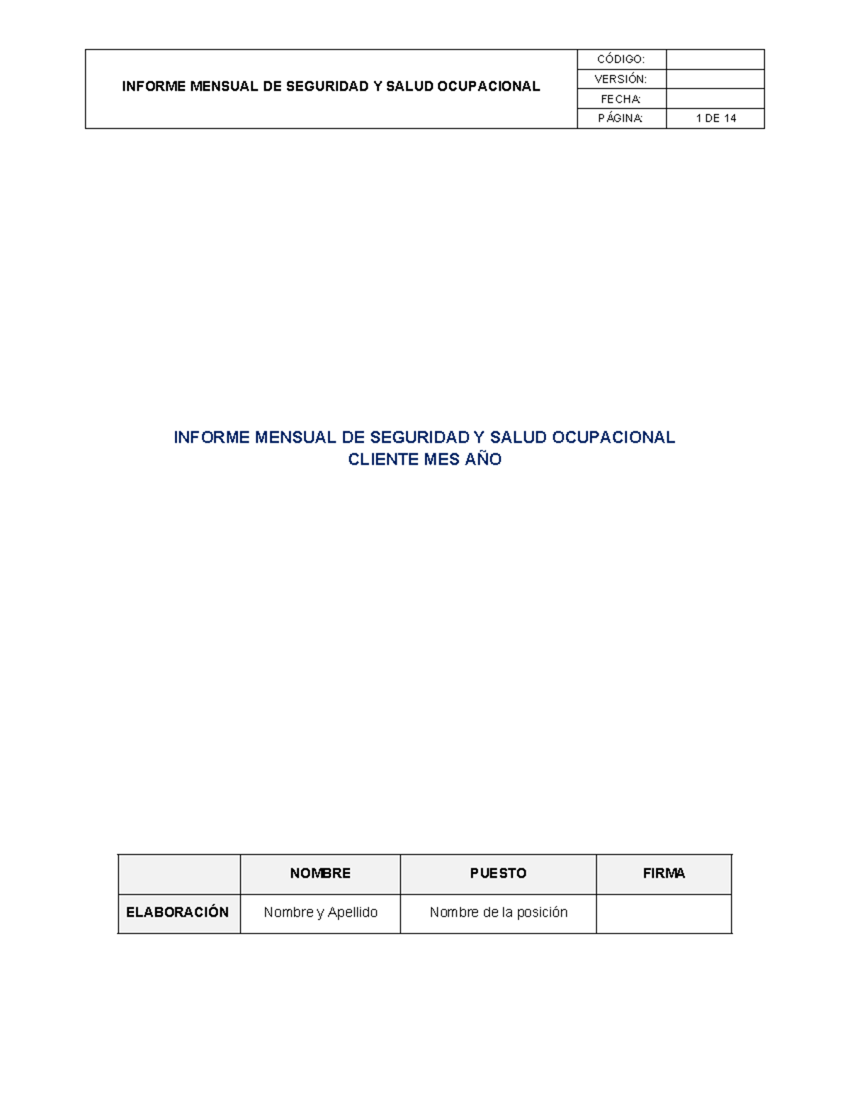 Informe de Seguridad y Salud en el Trabajo - INFORME MENSUAL DE SEGURIDAD Y SALUD OCUPACIONAL ...