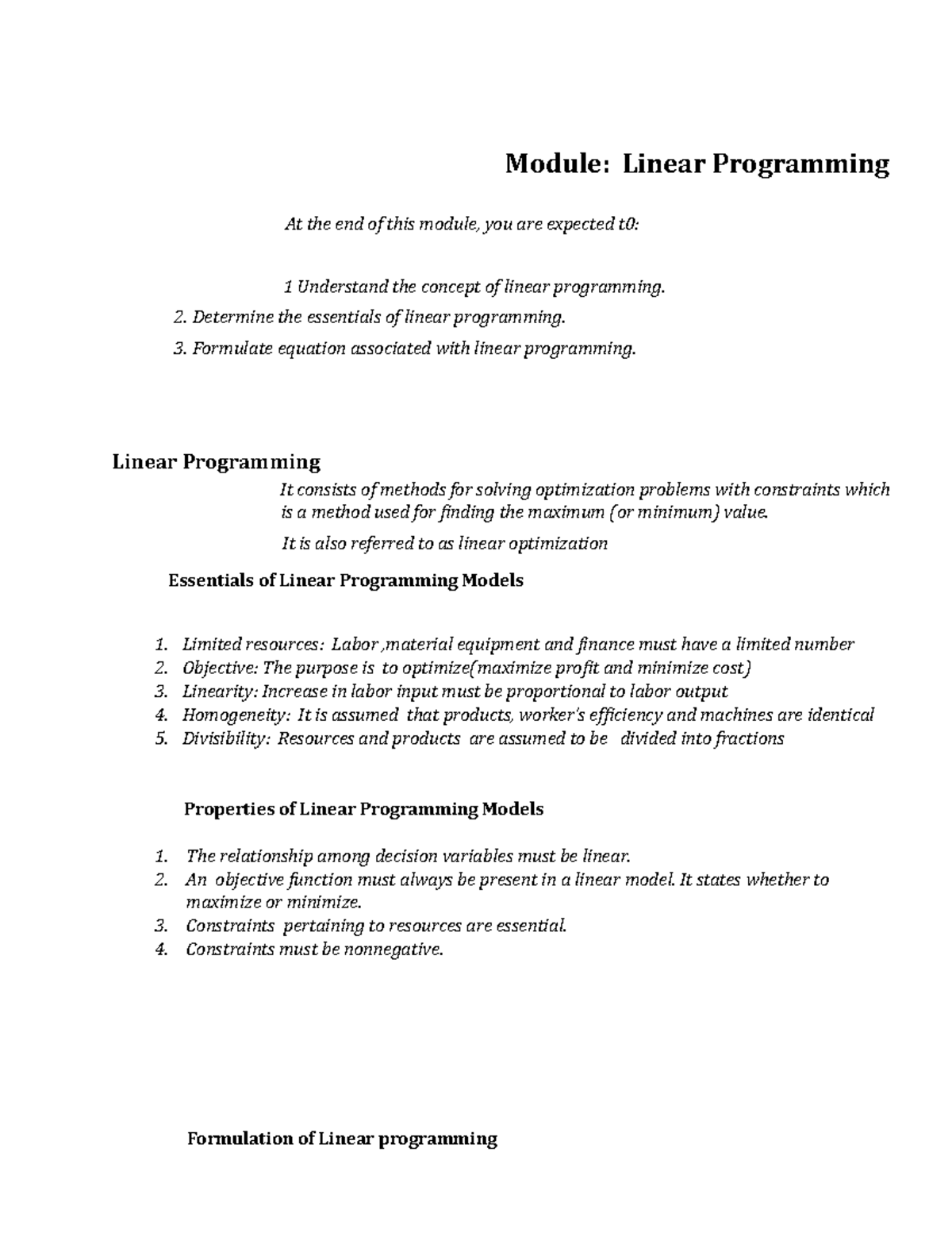 W6-7 Linear Programming - Module: Linear Programming At the end of this ...