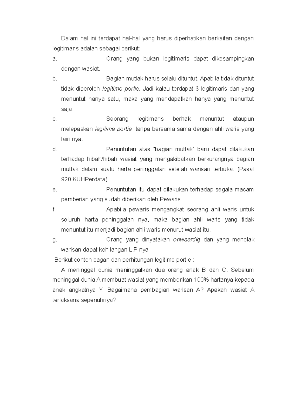 Contoh bagam dalam Legitime Portie - Dalam hal ini terdapat hal-hal ...