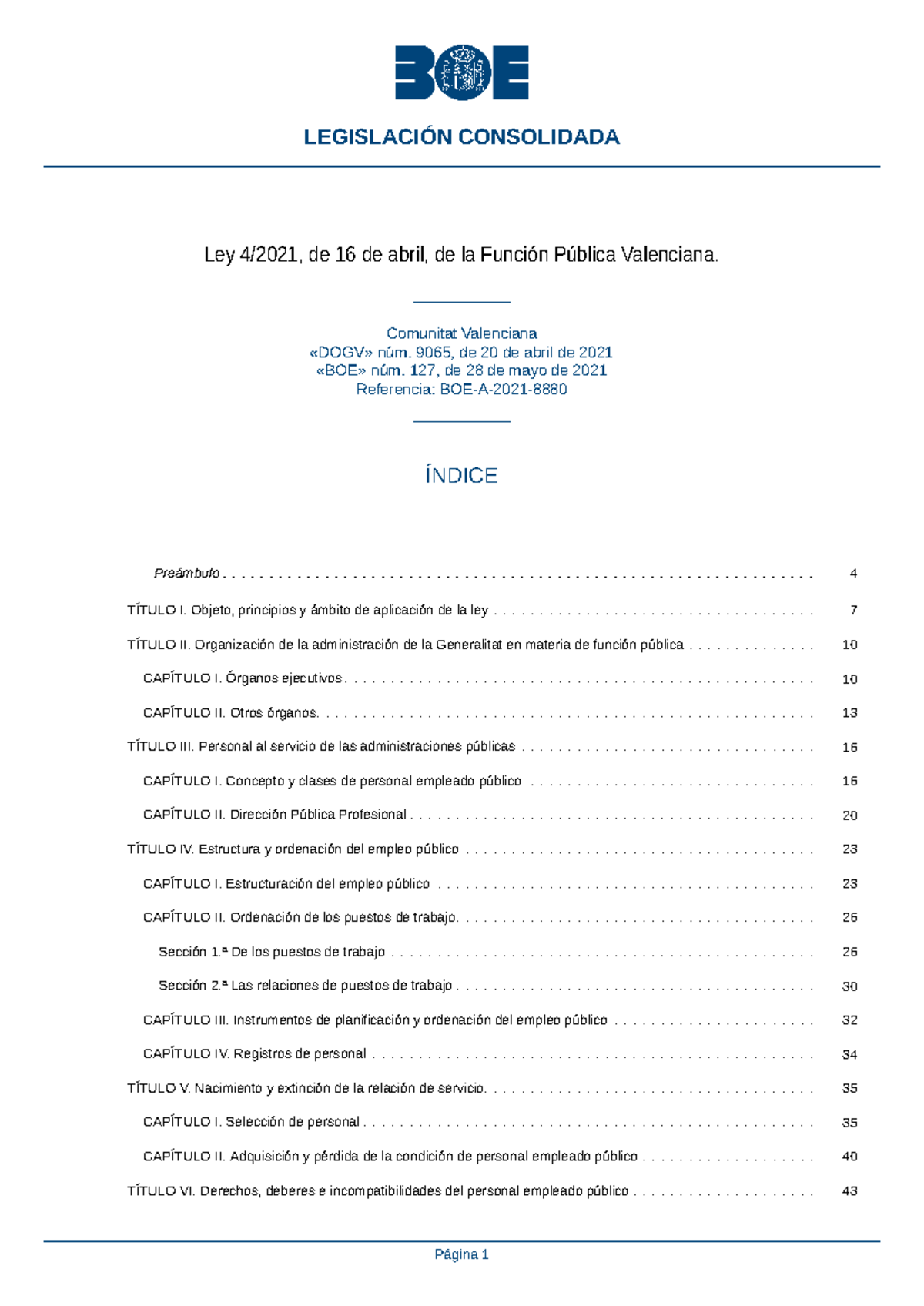 Ley 4 2021, de 16 de abril, de la Función Pública Valenciana - «DOGV ...