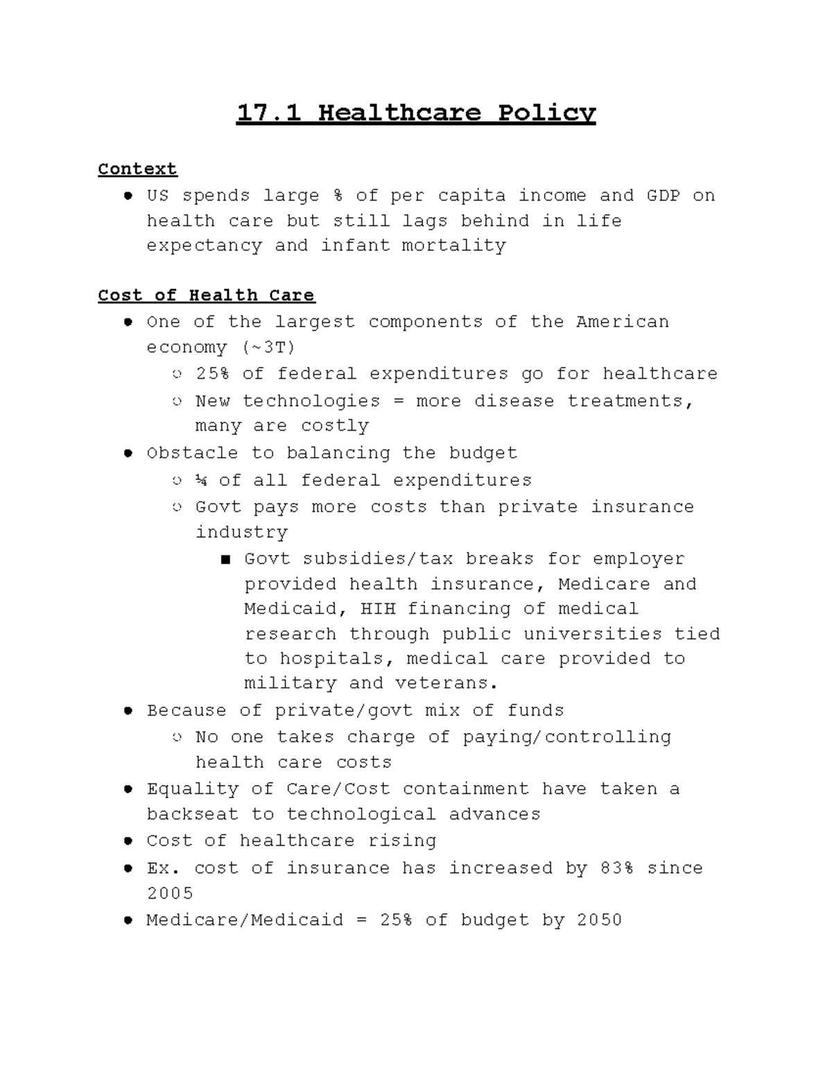 Chapter 17 Policymaking - 17 Healthcare Policy Context US spends large ...